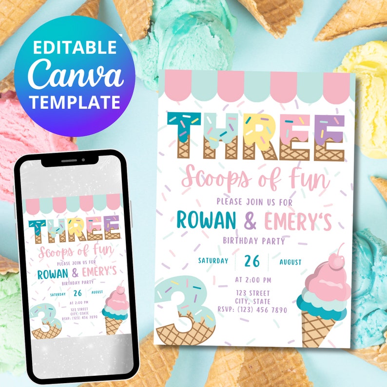 Editable Ice Cream Birthday Invitation, Twin Three Scoops of Fun, 3rd Birthday Party Invitation ...