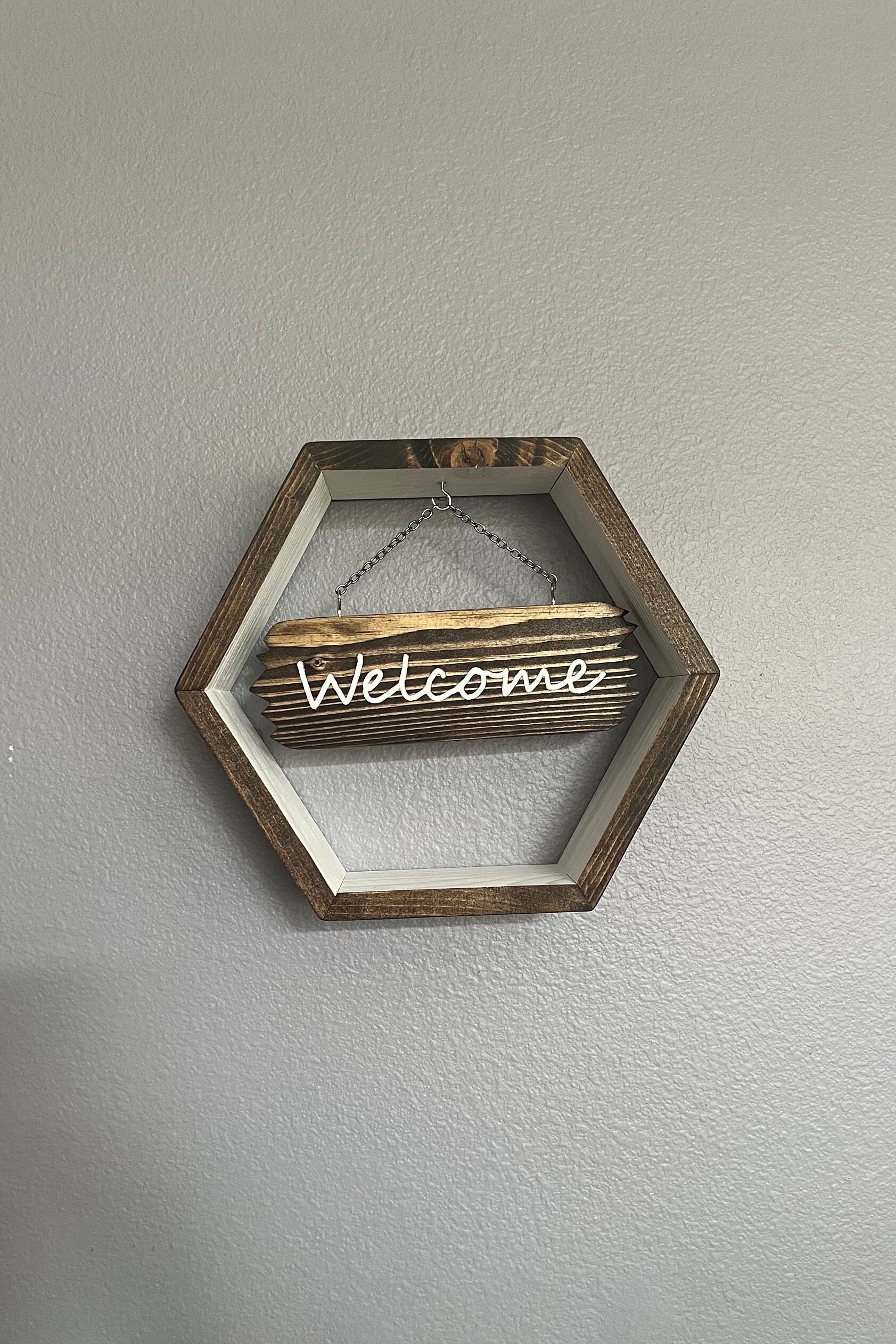 Handcrafted Hexagon Shelf, Welcome Sign, Walnut & White - Etsy