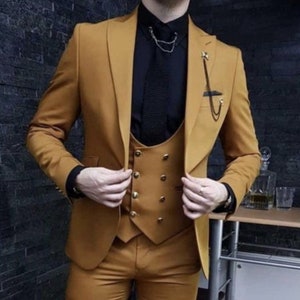 Mens Premium Suit, Golden 3 Piece Suit, Men Wedding Clothes, Groomsmen ...