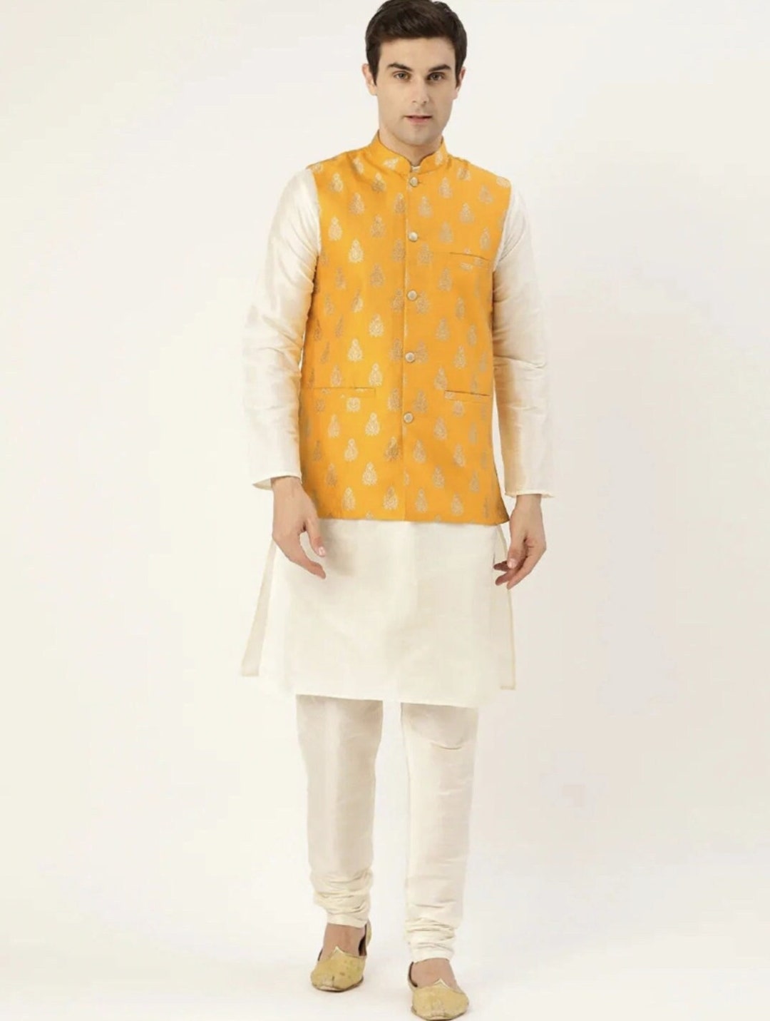 Men's Casual, Yellow Nehru Jacket Ethnic Wear Dress, Men's Wedding ...