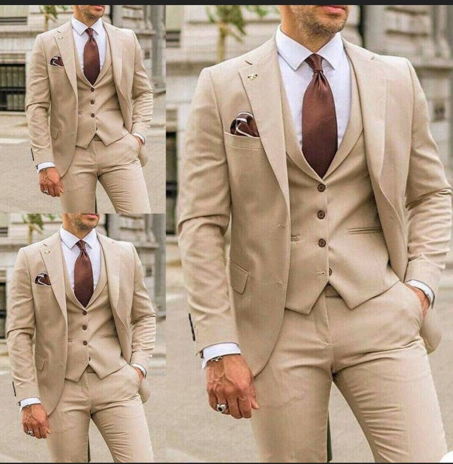 Suit for Men's, Casual, Beige Color 3 Piece Suit, Men's Wedding Wear, Groomsmen And, Groom Wear ...