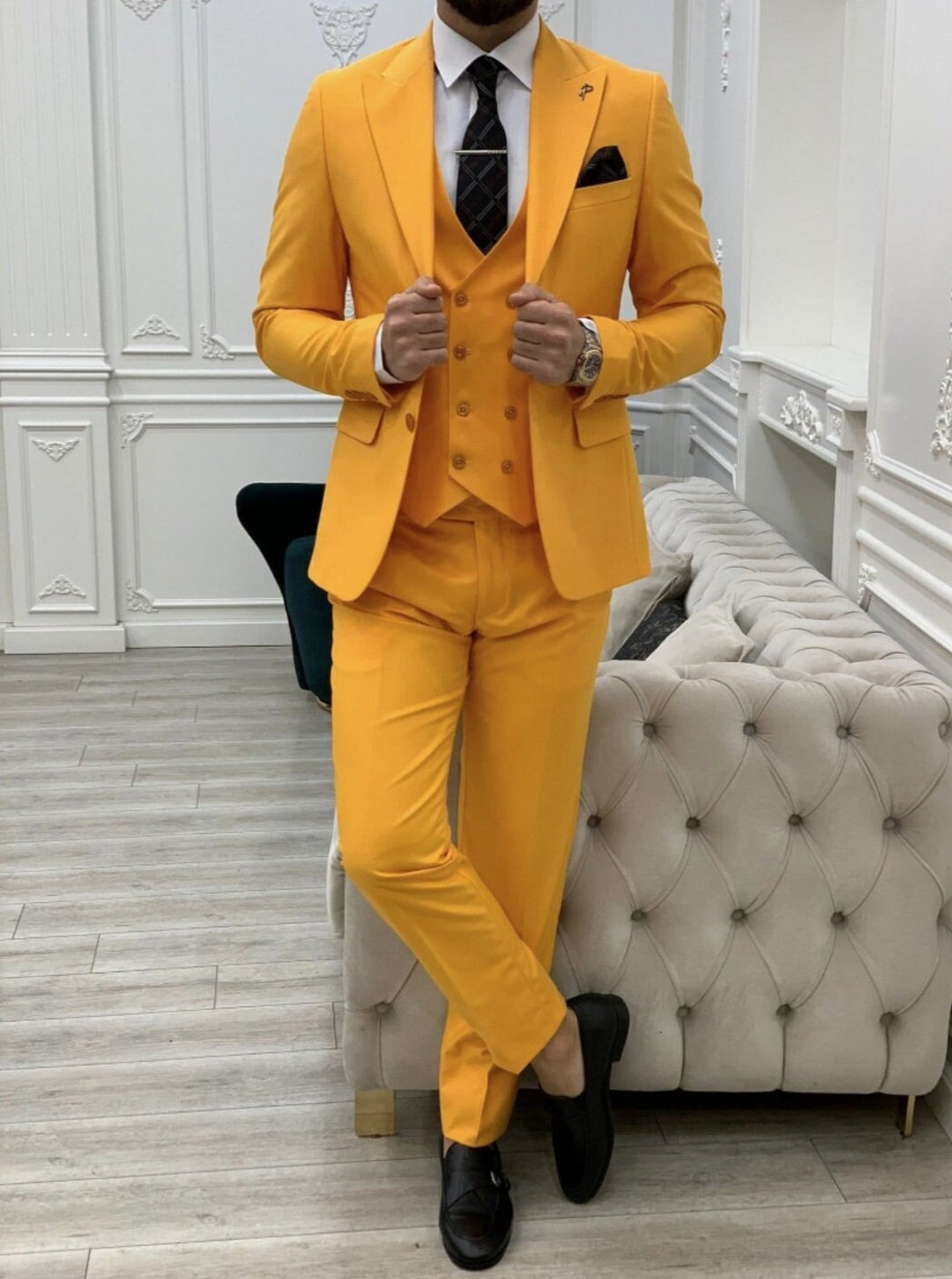 Men's Slim-fit Suit, Men's Yellow 3 Piece Suit, Wedding Clothes, Prom ...
