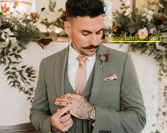 Men Suits Sage Green 3 Piece Slim Fit Elegant Formal Fashion Suits Groom Wedding Suit Party Wear ...