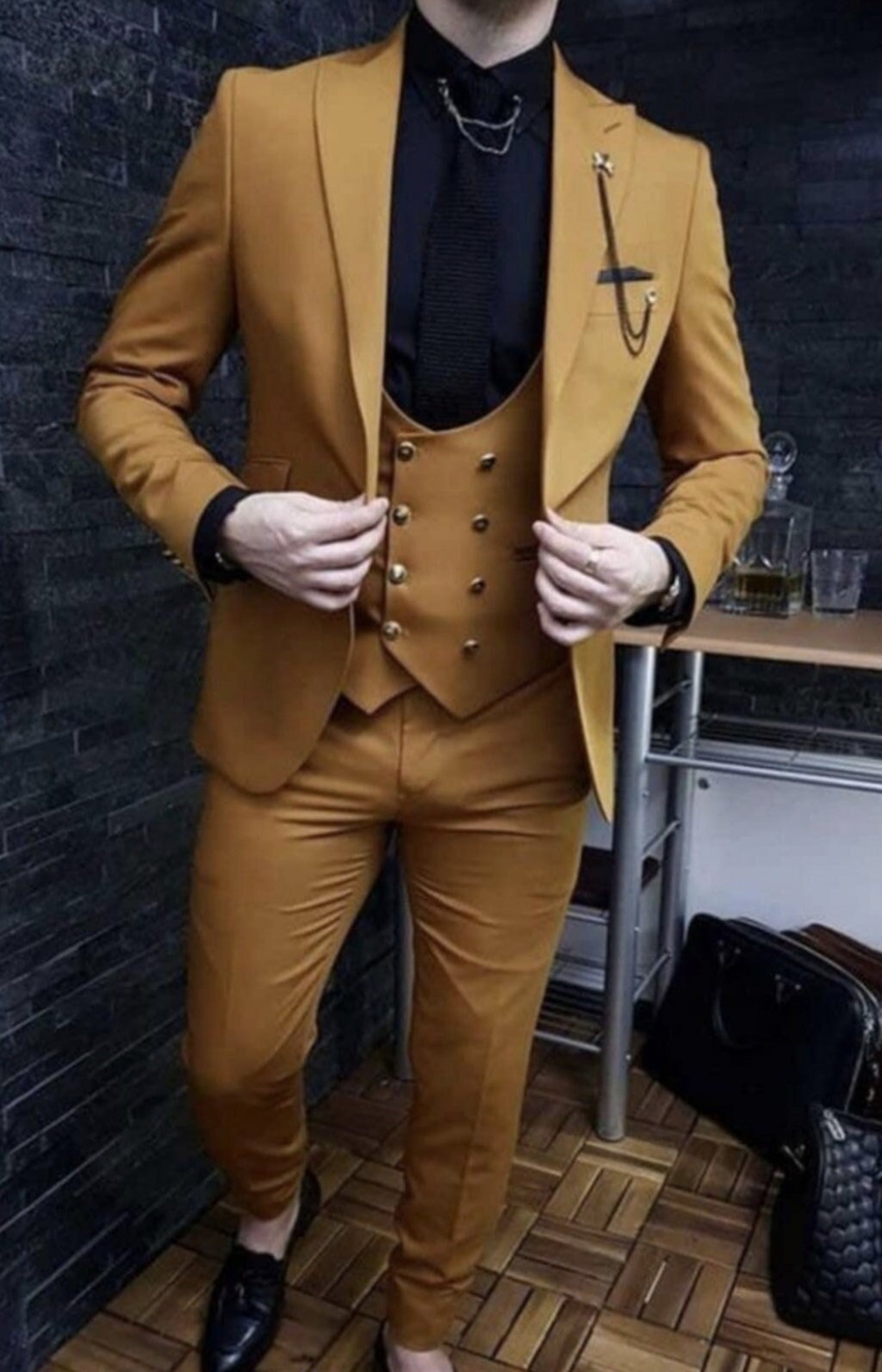 Mens Premium Suit, Golden 3 Piece Suit, Men Wedding Clothes, Groomsmen ...