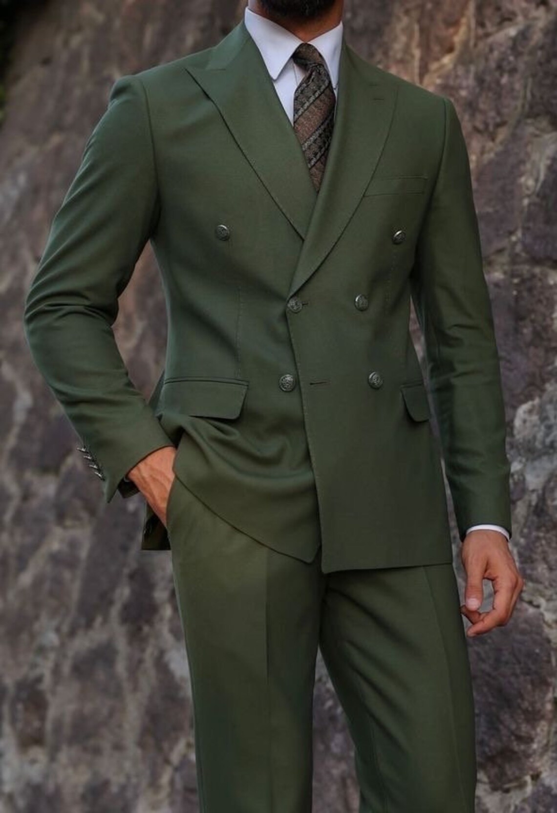 Men's Double Breasted Suit, Green 2 Piece Suit, Wedding Clothes, Groom ...