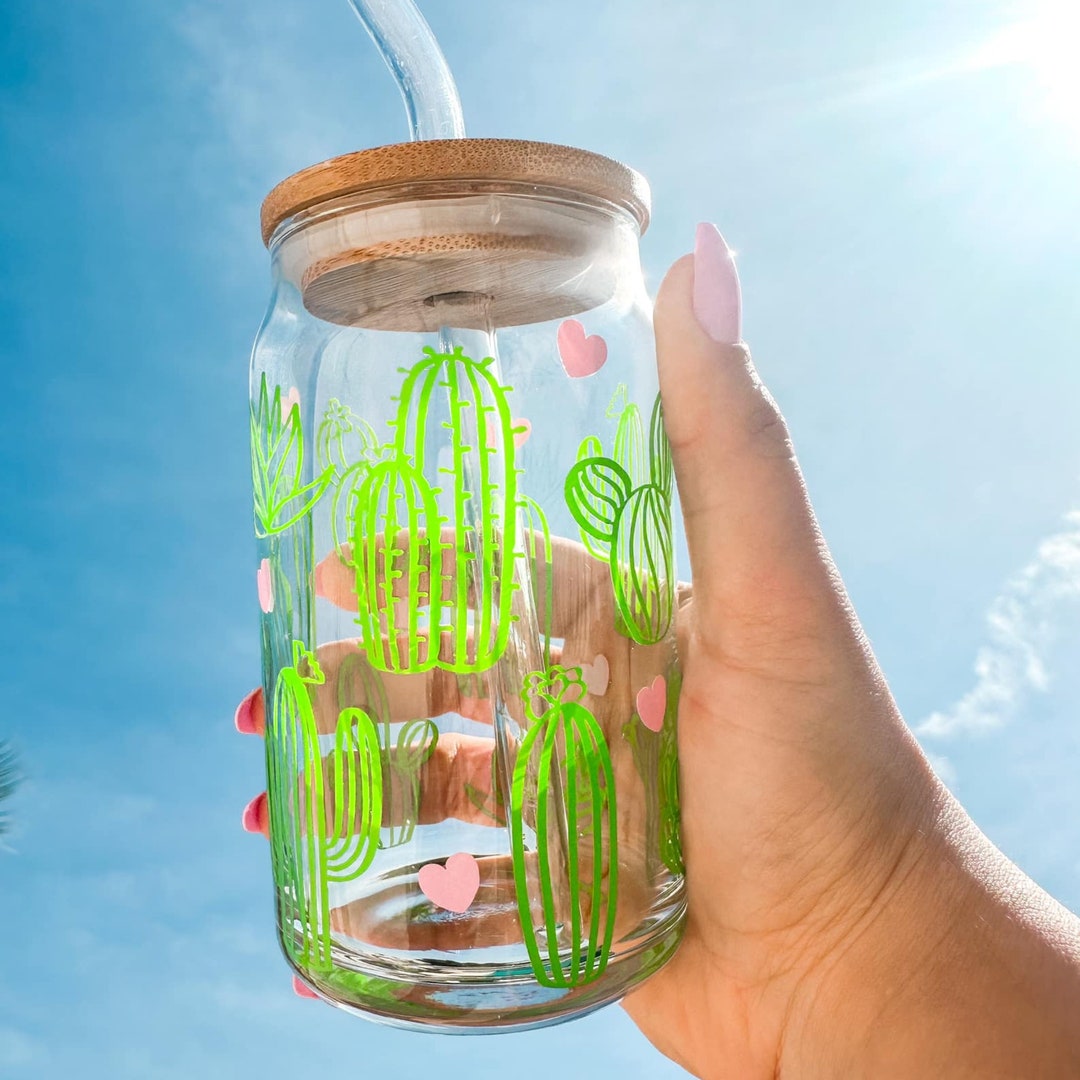 Cactus and Hearts Glass Can, Beer Can Glass, Libbey Cup With Cacti ...