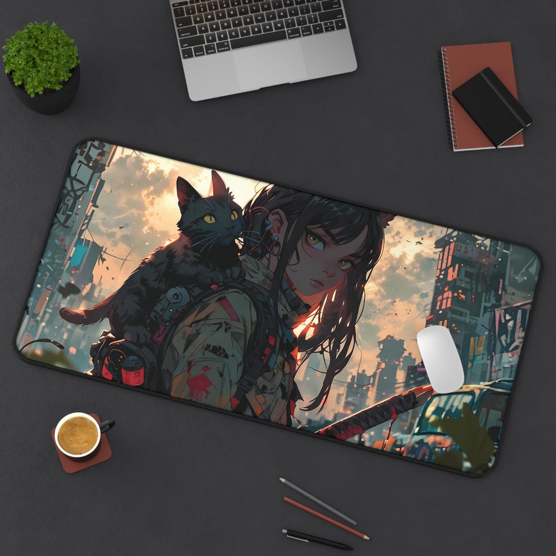 Anime Girl Cat Post-apocalyptic Desk Mat Anime Scenery Japanese Gaming ...