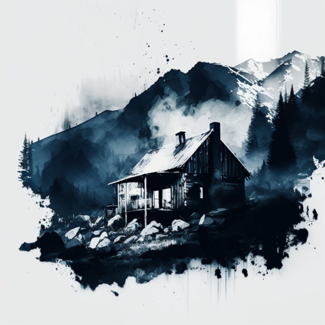 Blue Mountain Cabin, Digital Art, Watercolor, Nature Print, Landscape Print, Home Wall Decor ...