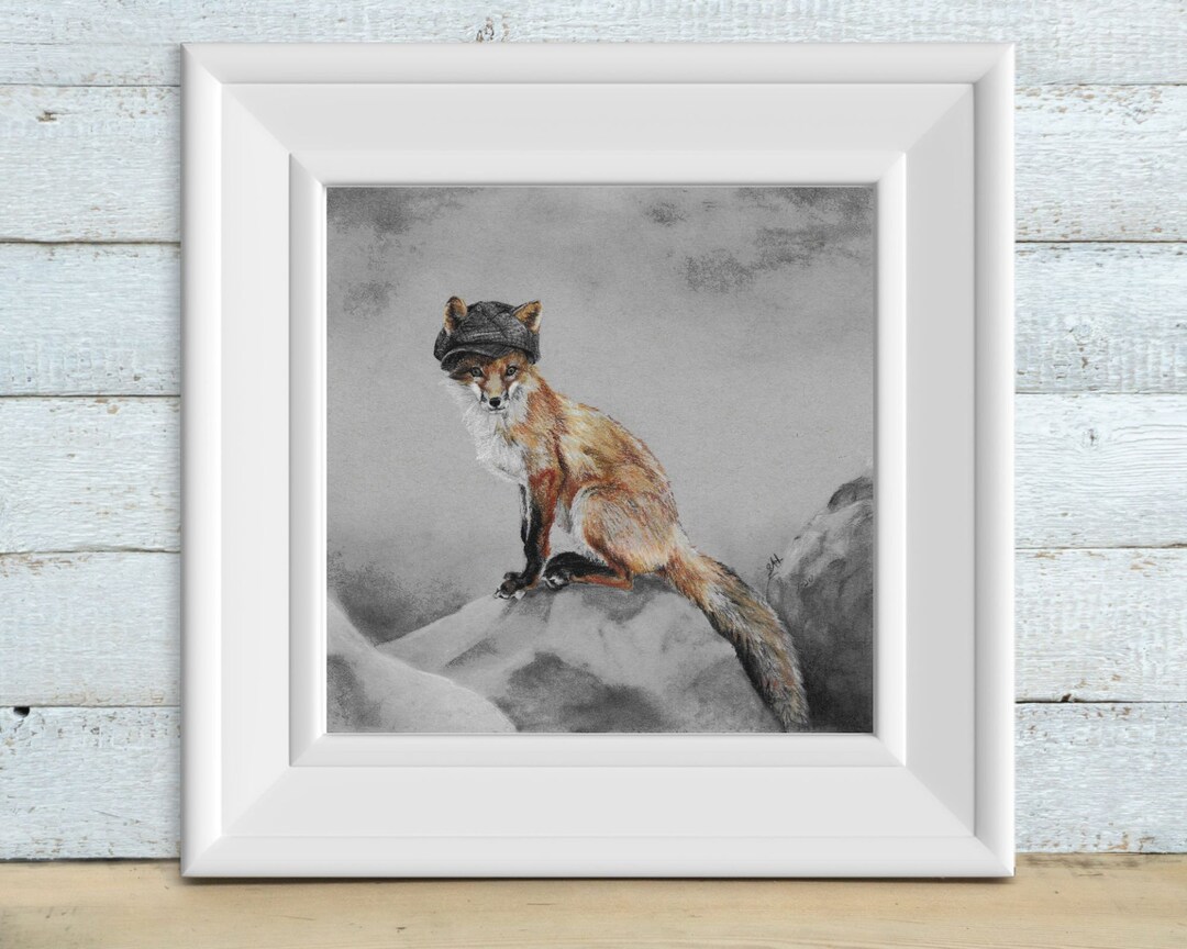 Fox in a Hat, Hand-drawn Charcoal and Pastel Pencil, Art Print - Etsy