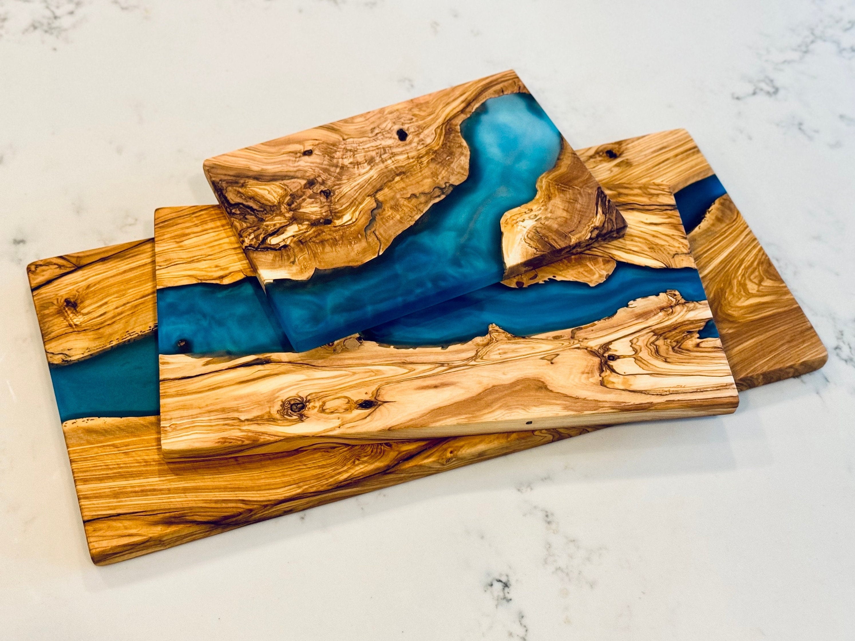 Handcrafted Olive Wood River Board, Live Edge Resin Charcuterie Board ...