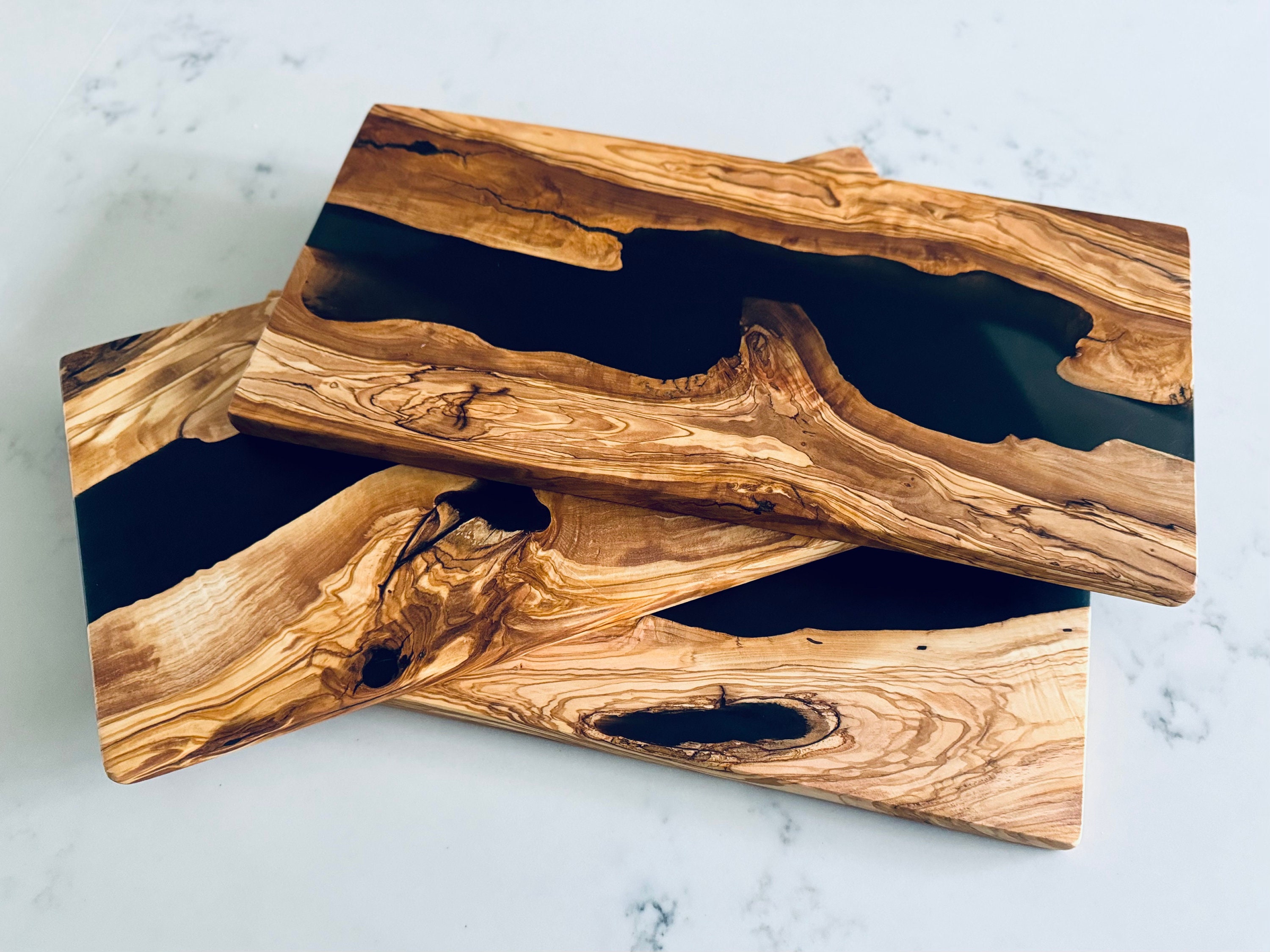 Handcrafted Olive Wood River Board, Live Edge Resin Charcuterie Board ...