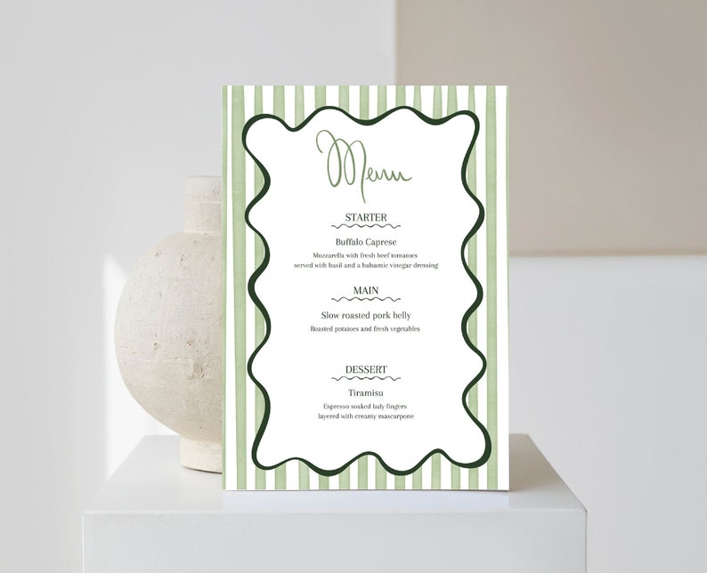 Green Striped Wedding Menu Template | Printable Canva Reception Dinner ...