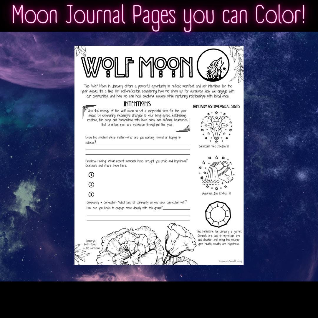 Wolf Moon Journal Coloring Page, Printable Lunar Design for Journaling ...