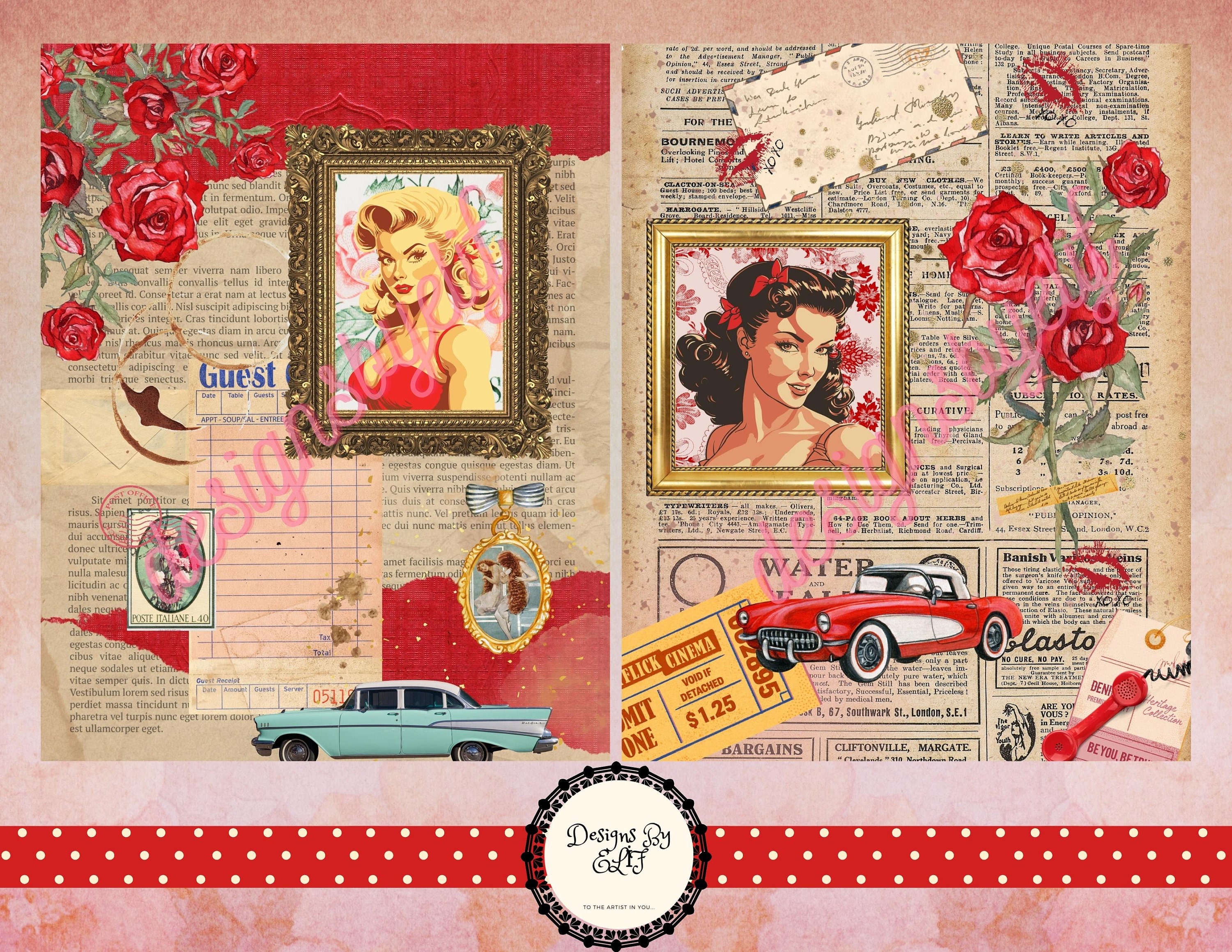 Printable Retro Pin up Girls Scrapbook Paper | Shabby Chic Pages, Junk ...