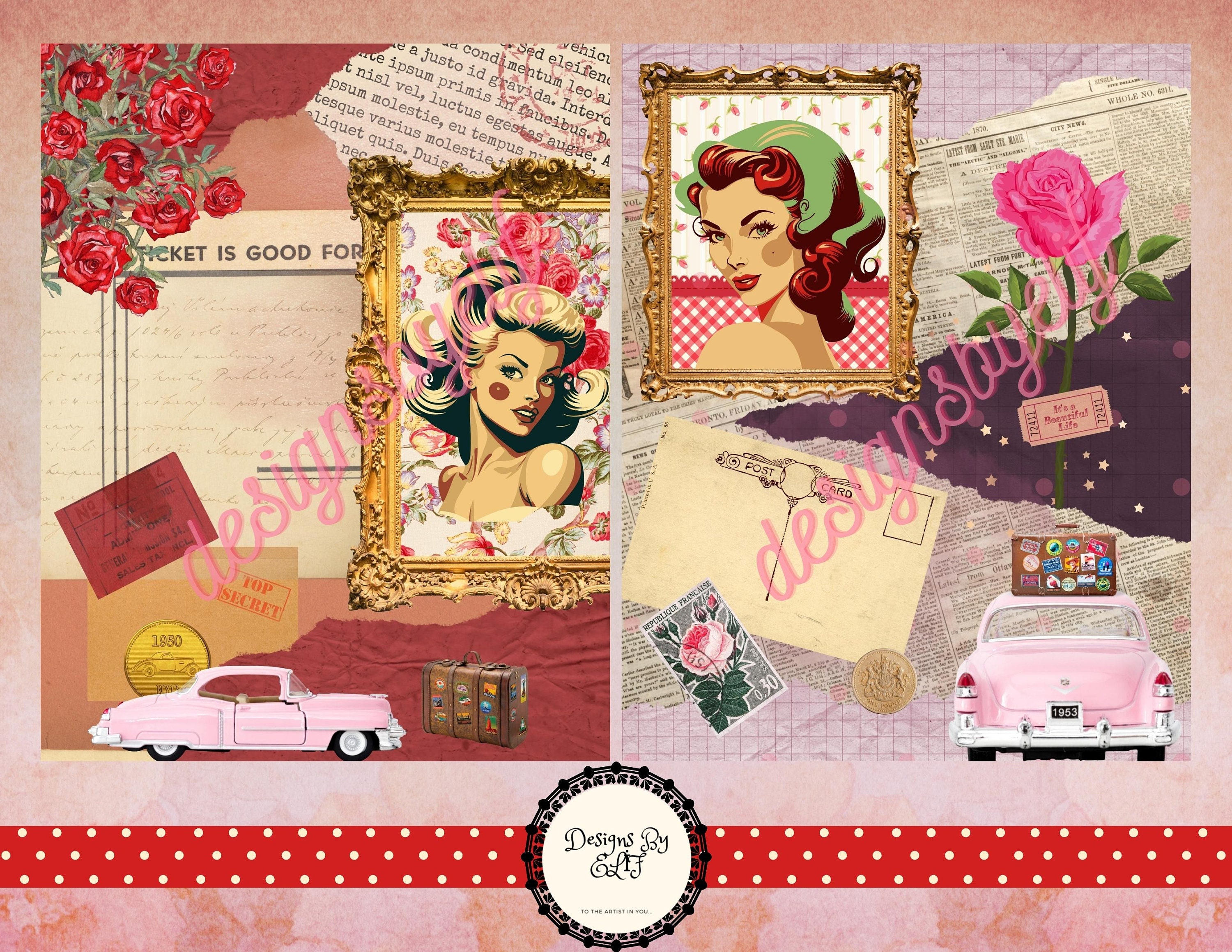 Printable Retro Pin up Girls Scrapbook Paper | Shabby Chic Pages, Junk ...