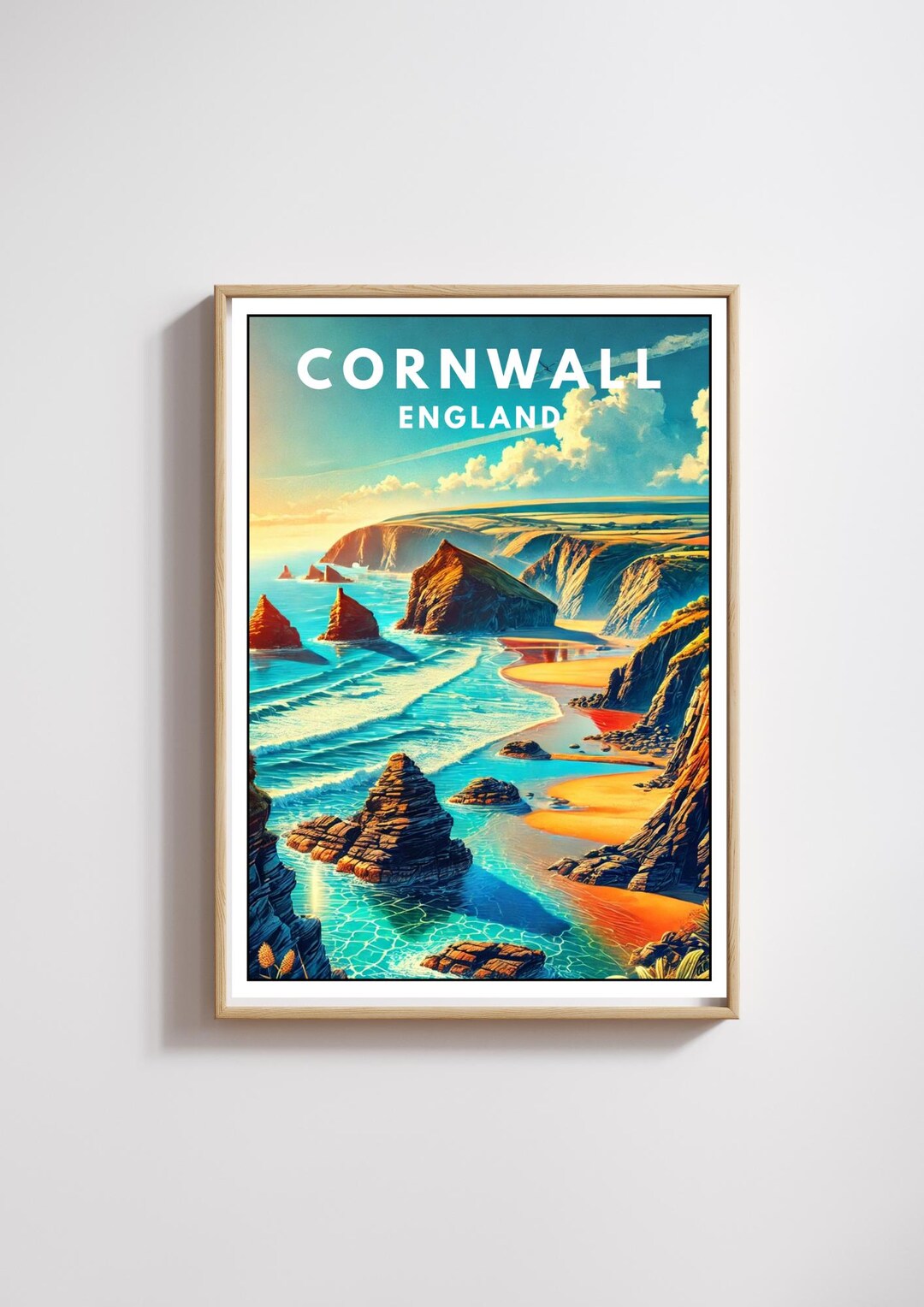 Cornwall England Travel Poster,bedruthan Steps Seaside Artwork,cornwall ...