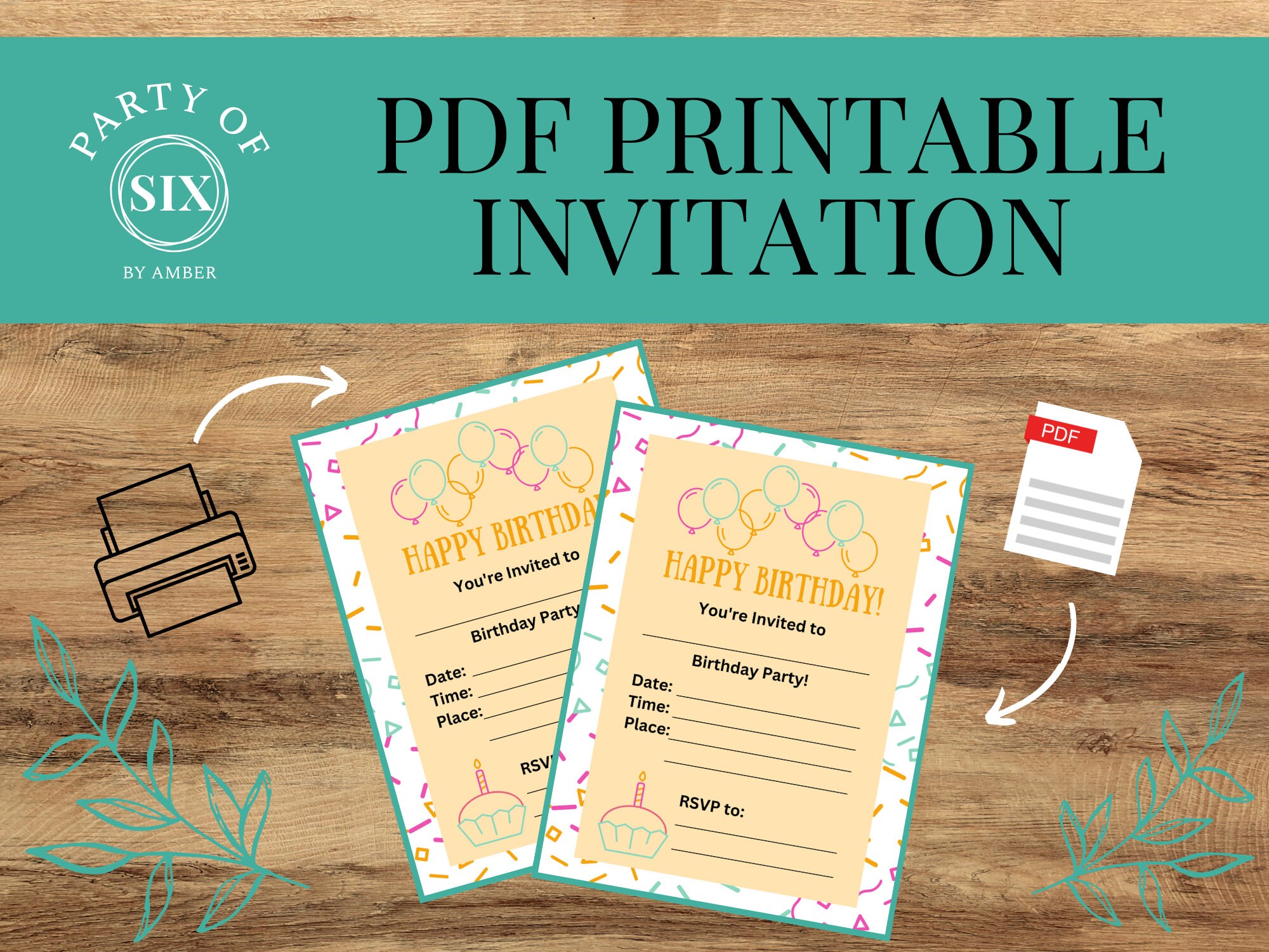 Printable Blank 5x7 Birthday Invitation, Balloons & Confetti, PDF ...