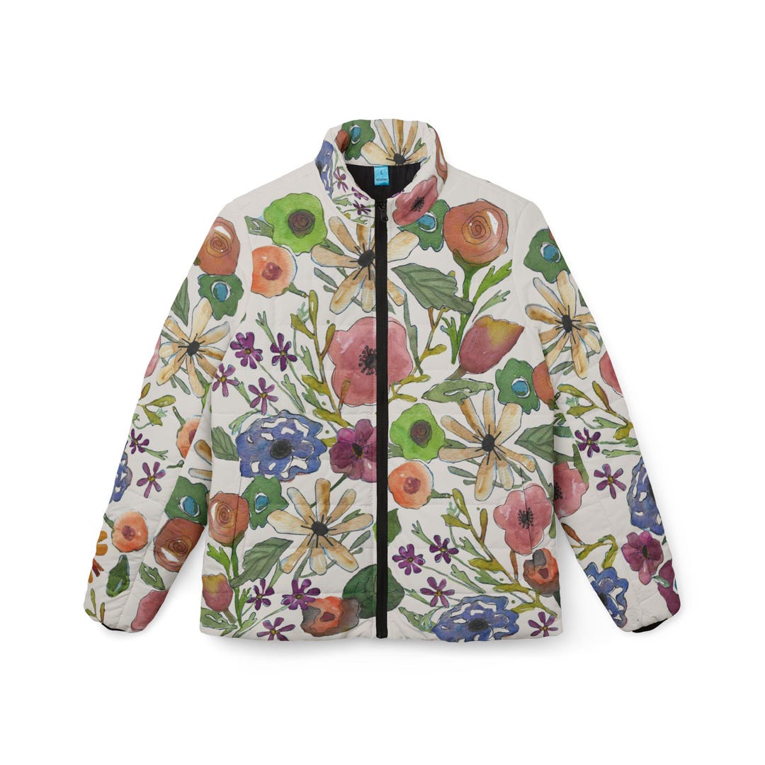 Fun Floral Puffer Jacket, Unique Outerwear, Whimsical Floral on Cream ...