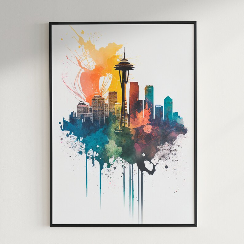 Seattle Skyline Watercolor Skyline Seattle Cityscape America Wall Decor ...