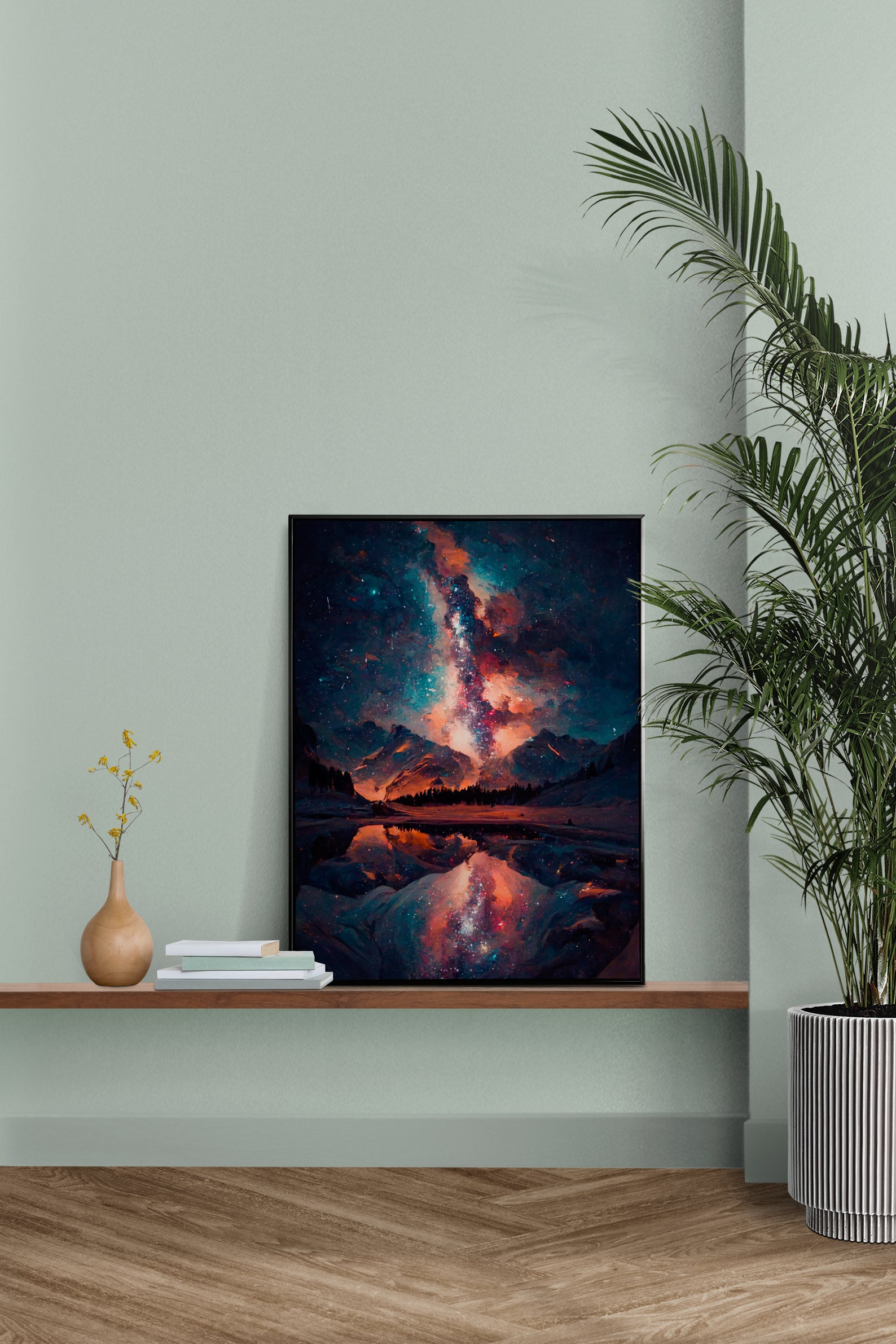 Printable Milky Way Night Sky Landscape Painting Mountainous Backdrop ...