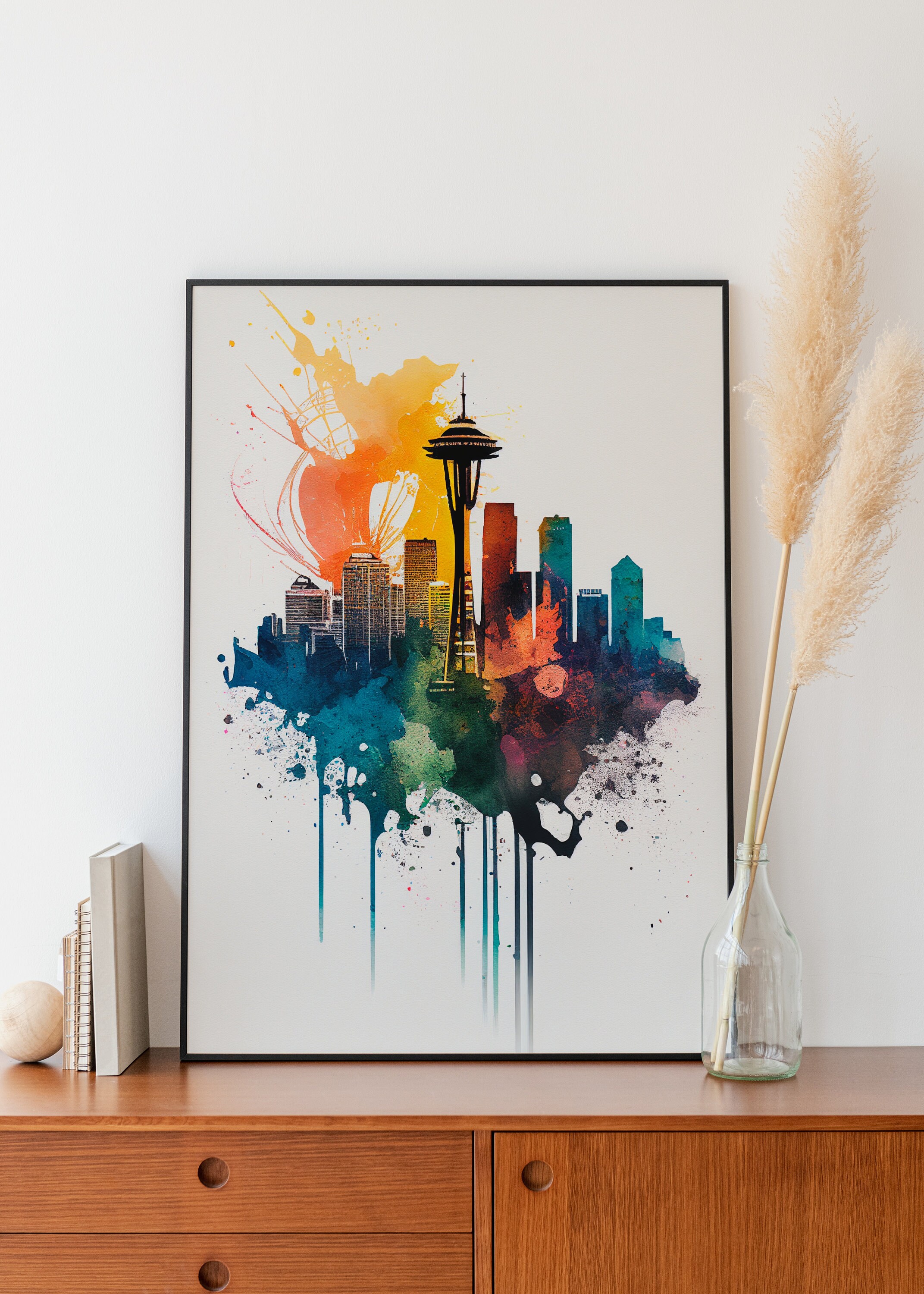 Seattle Skyline Watercolor Skyline Seattle Cityscape America Wall Decor ...