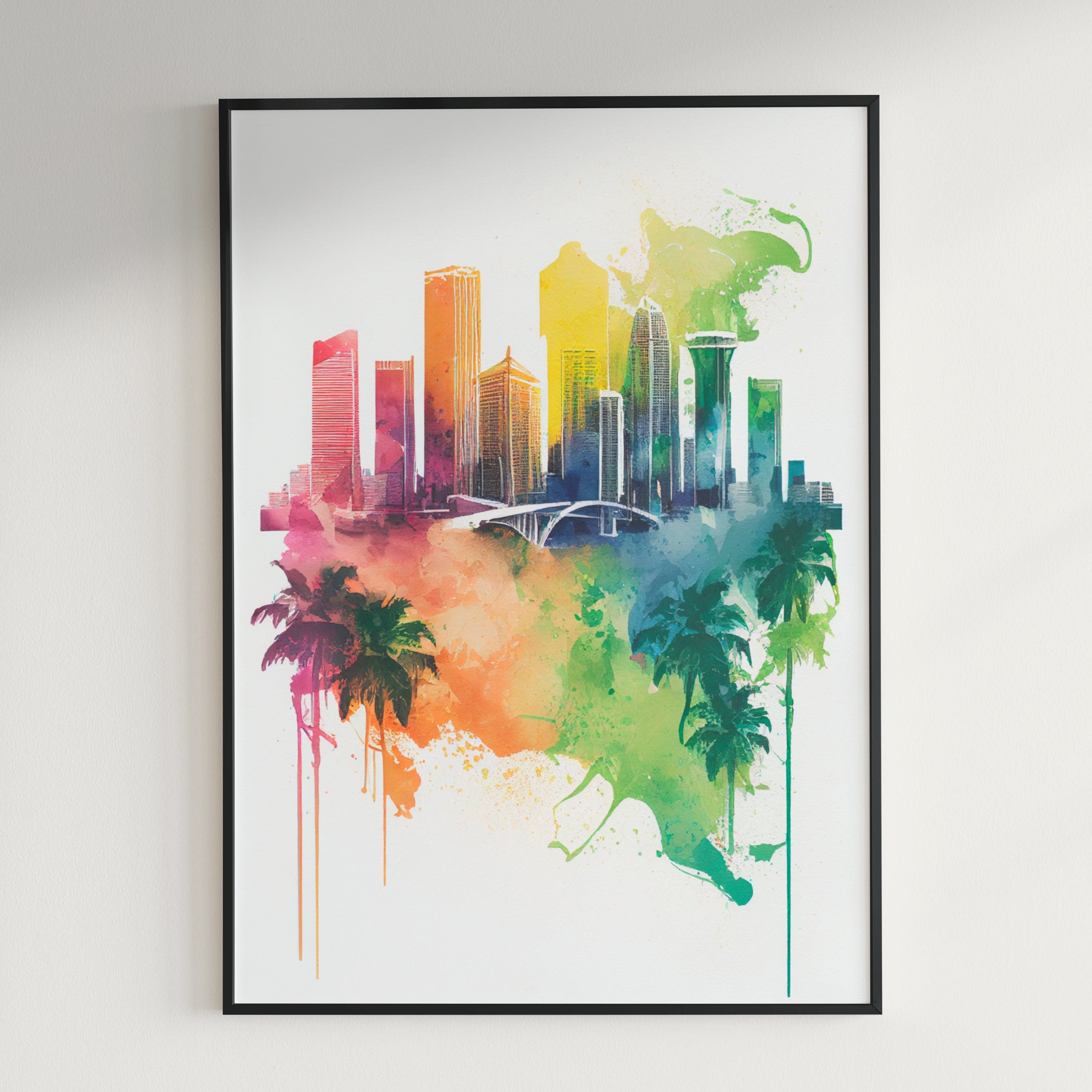 Miami Skyline Wall Art Miami Cityscape Watercolor Skyline - Etsy