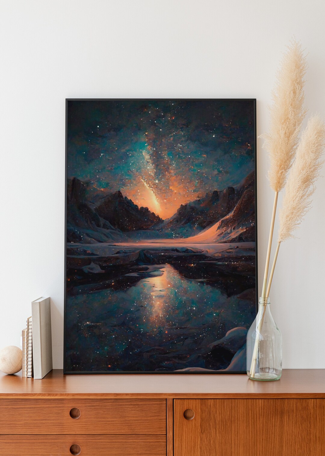Printable Milky Way Night Sky Landscape Painting | Mountainous Backdrop ...