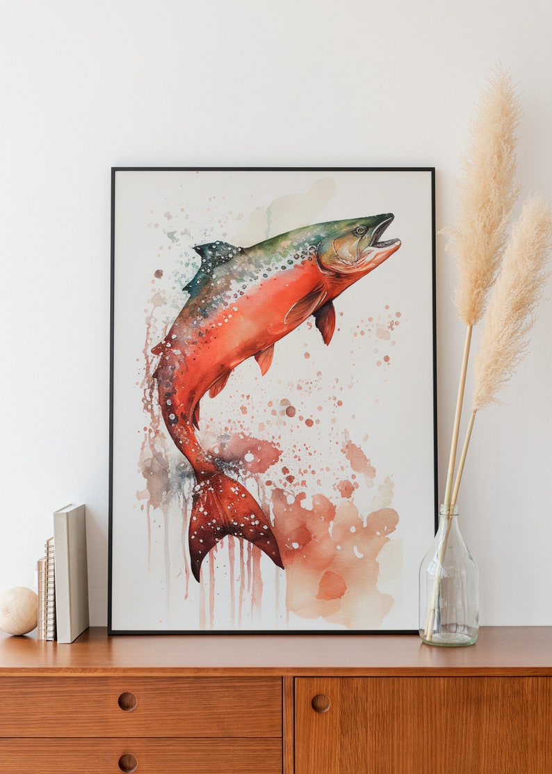 Watercolor Salmon Wall Art Salmon Wall Decor Airbnb Unique Room Decor ...