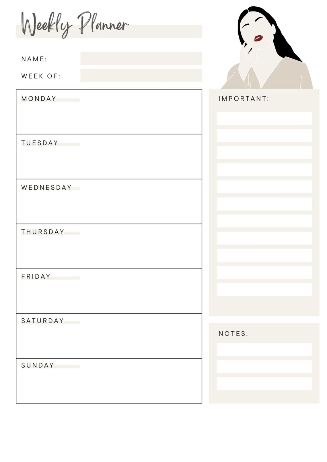 Weekly Digital Planner, Minimalist Printable, Week at a Glance, Weekly ...