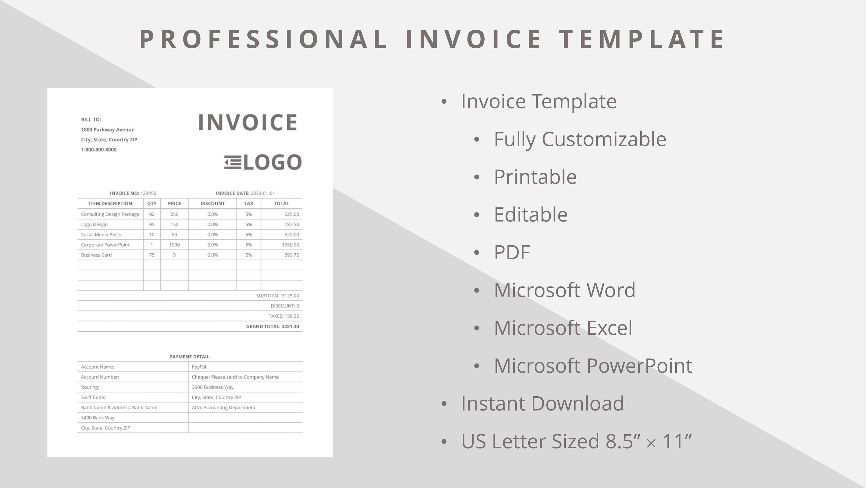 Invoice Template, Professional, Customizable, Editable, Printable ...