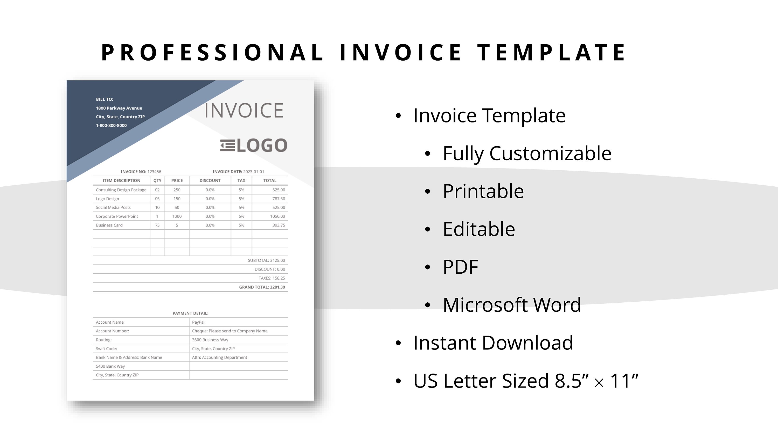 Invoice Template, Professional, Customizable, Editable, Printable ...