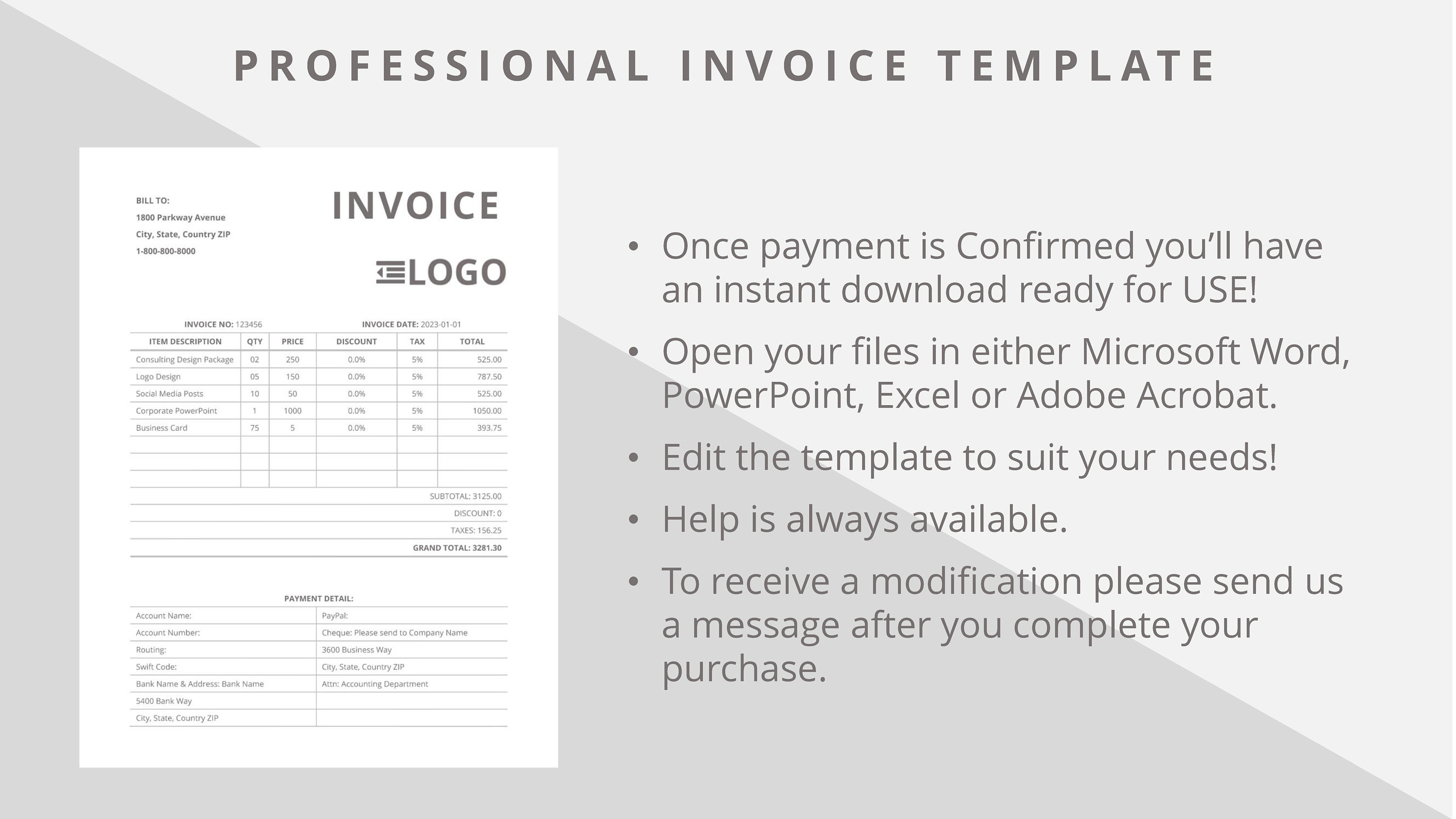 Invoice Template, Professional, Customizable, Editable, Printable ...