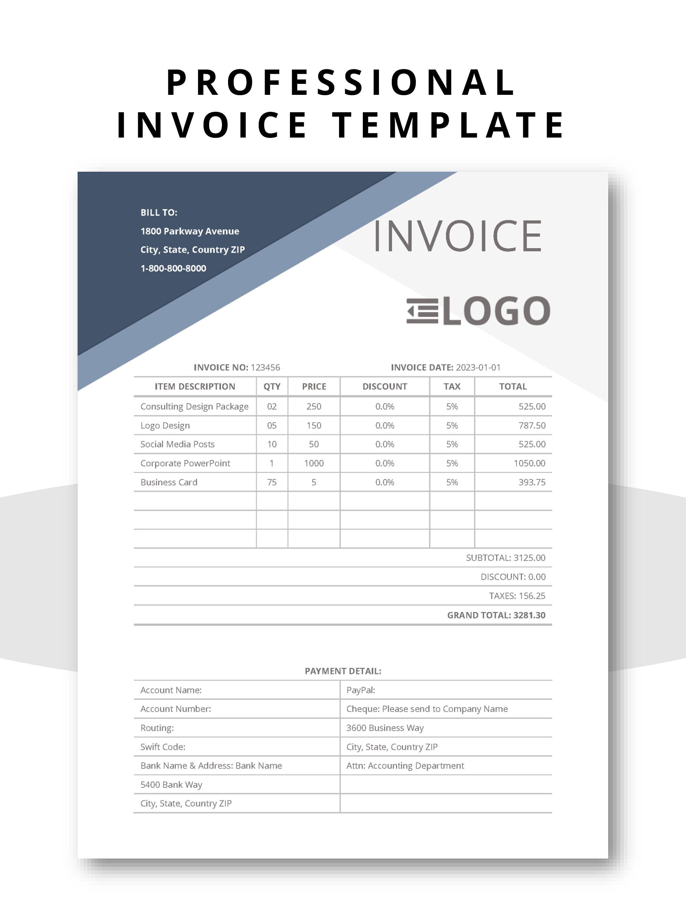 Invoice Template, Professional, Customizable, Editable, Printable ...