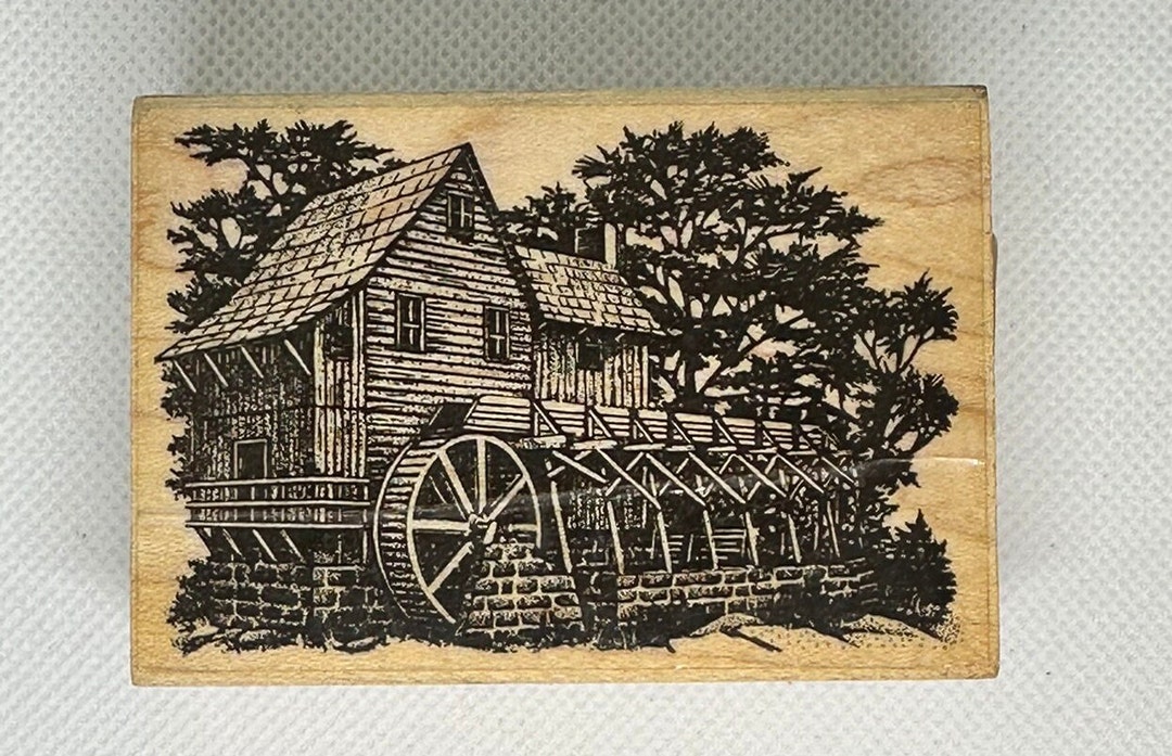 Vintage Rubber Stamp 1996 Water Mill Stampscapes Woods Cabin Cat Wiccan ...