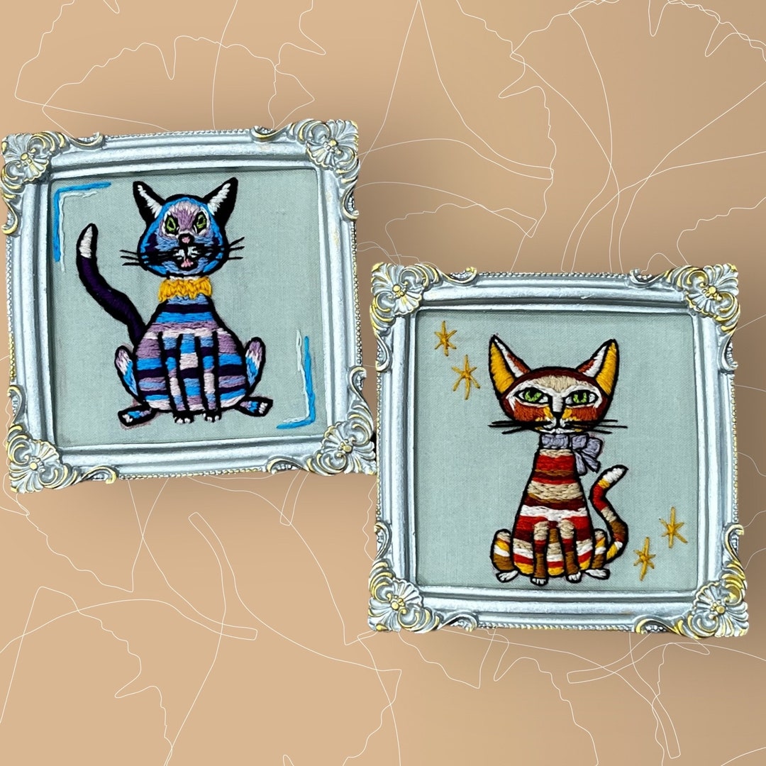 Kitty Cat Mod Style Thread Painting Kitsch 2 Piece Set Crewel Hand ...