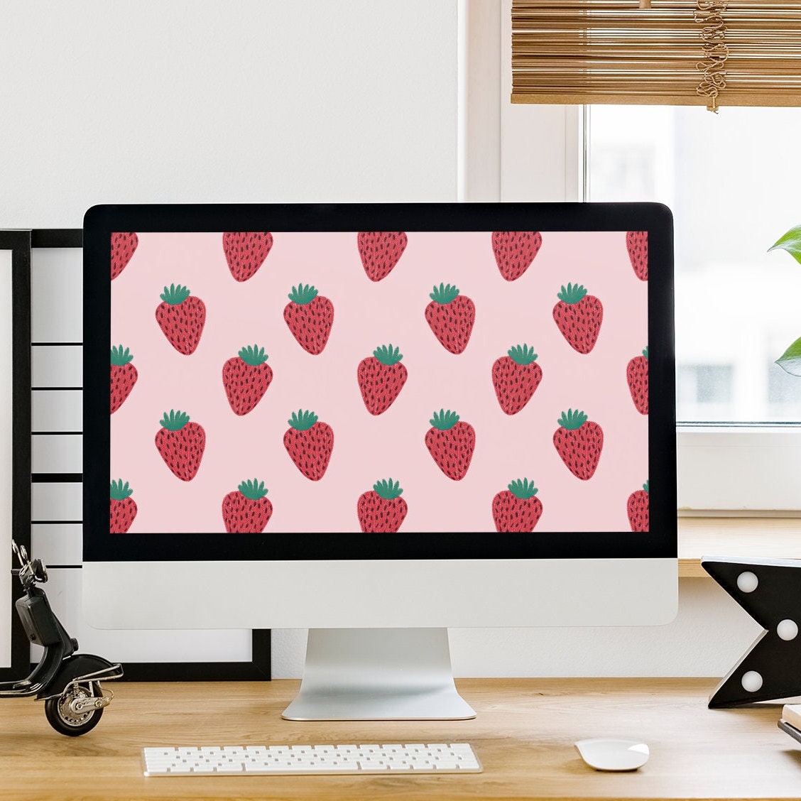 Strawberry Patterned Desktop Wallpaper | Ios MacBook PC Computer Screen ...