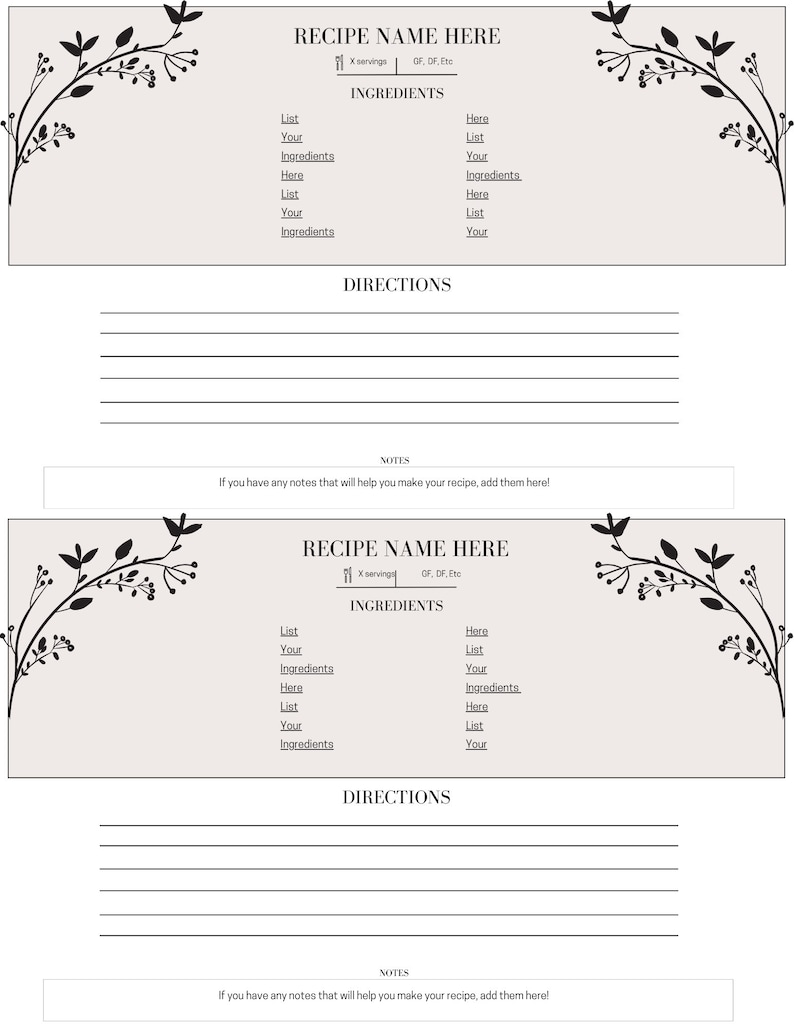 Printable/editable 4x6 & 8.5x11 Beige Aesthetic Recipe Card Digital ...