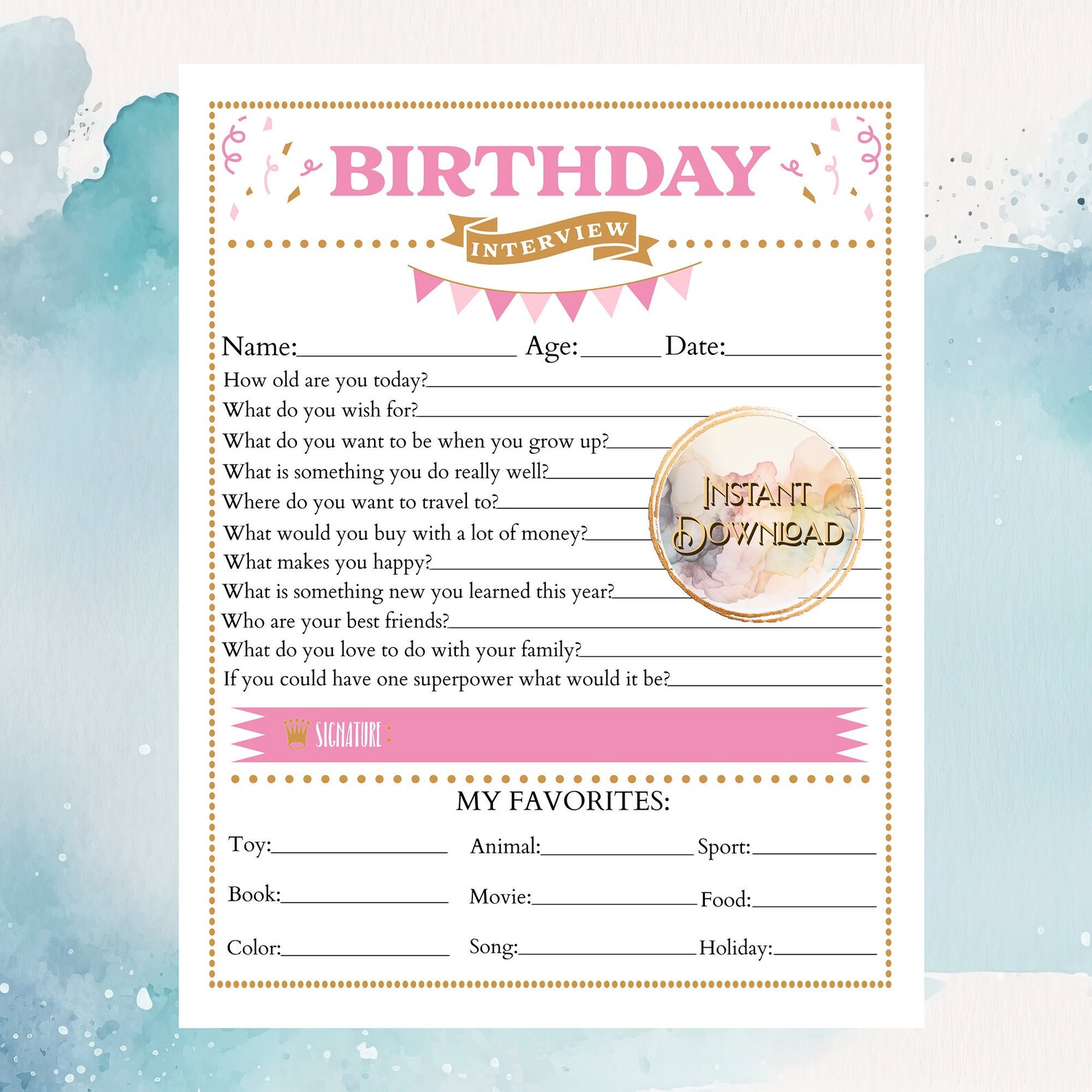 Kids Birthday Interview, Keepsake, Printable Birthday Questionnaire ...