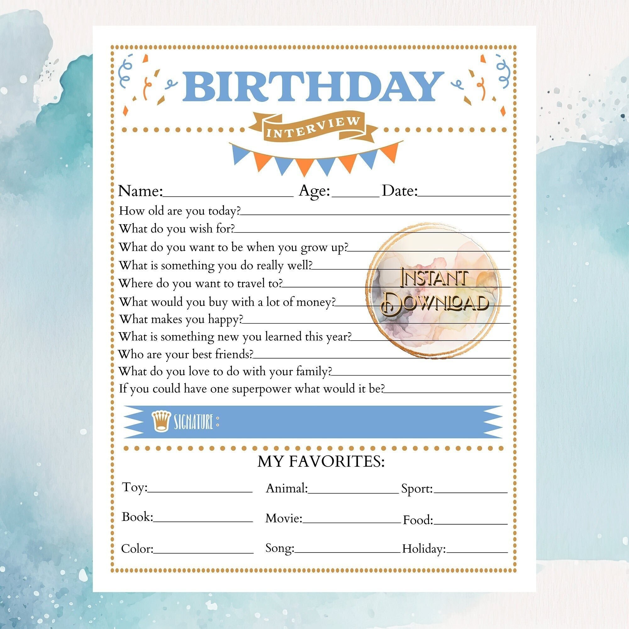 Kids Birthday Interview, Keepsake, Printable Birthday Questionnaire ...