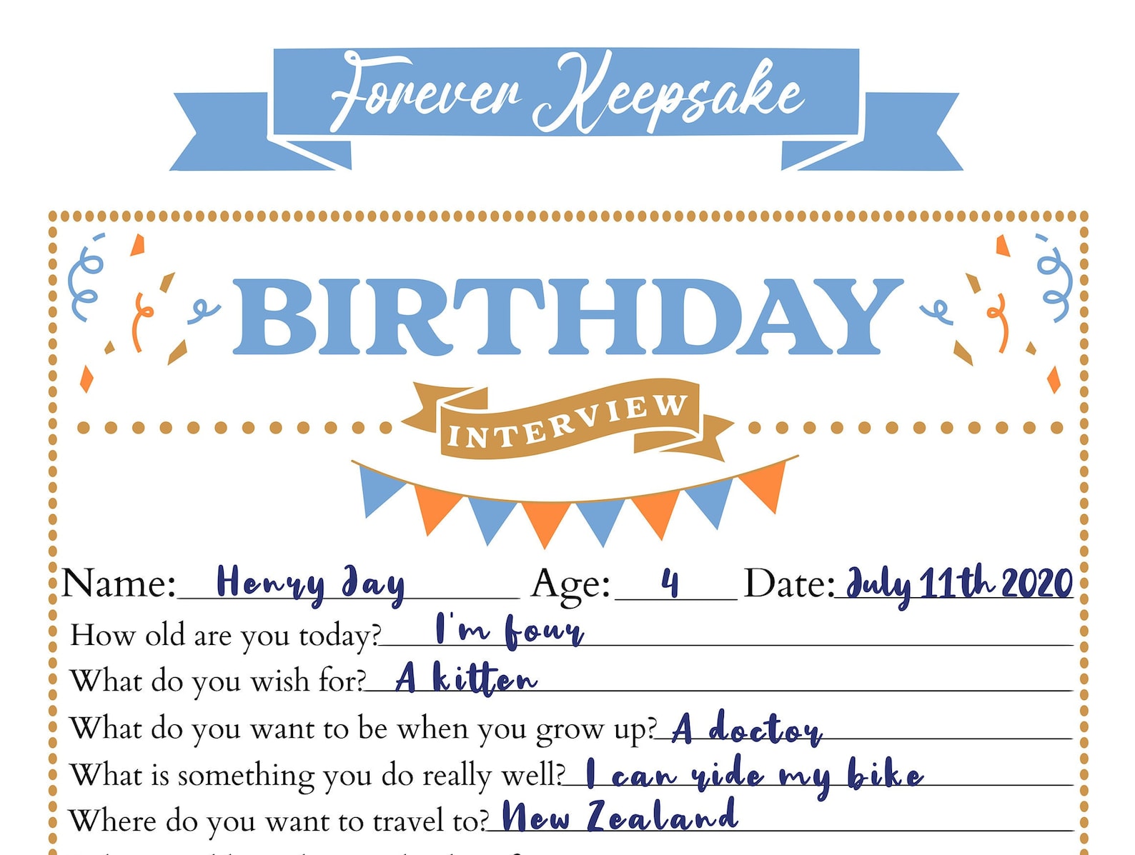 Kids Birthday Interview, Keepsake, Printable Birthday Questionnaire ...
