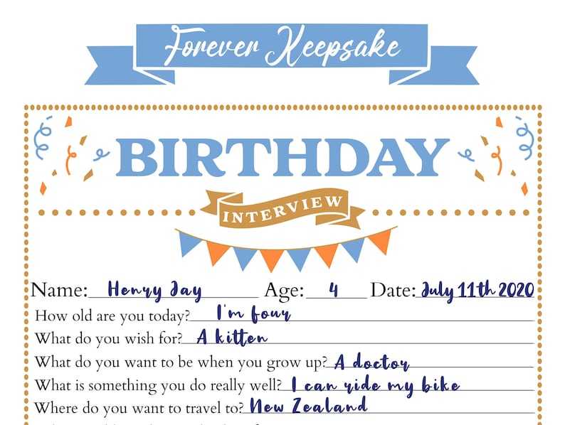Kids Birthday Interview, Keepsake, Printable Birthday Questionnaire ...
