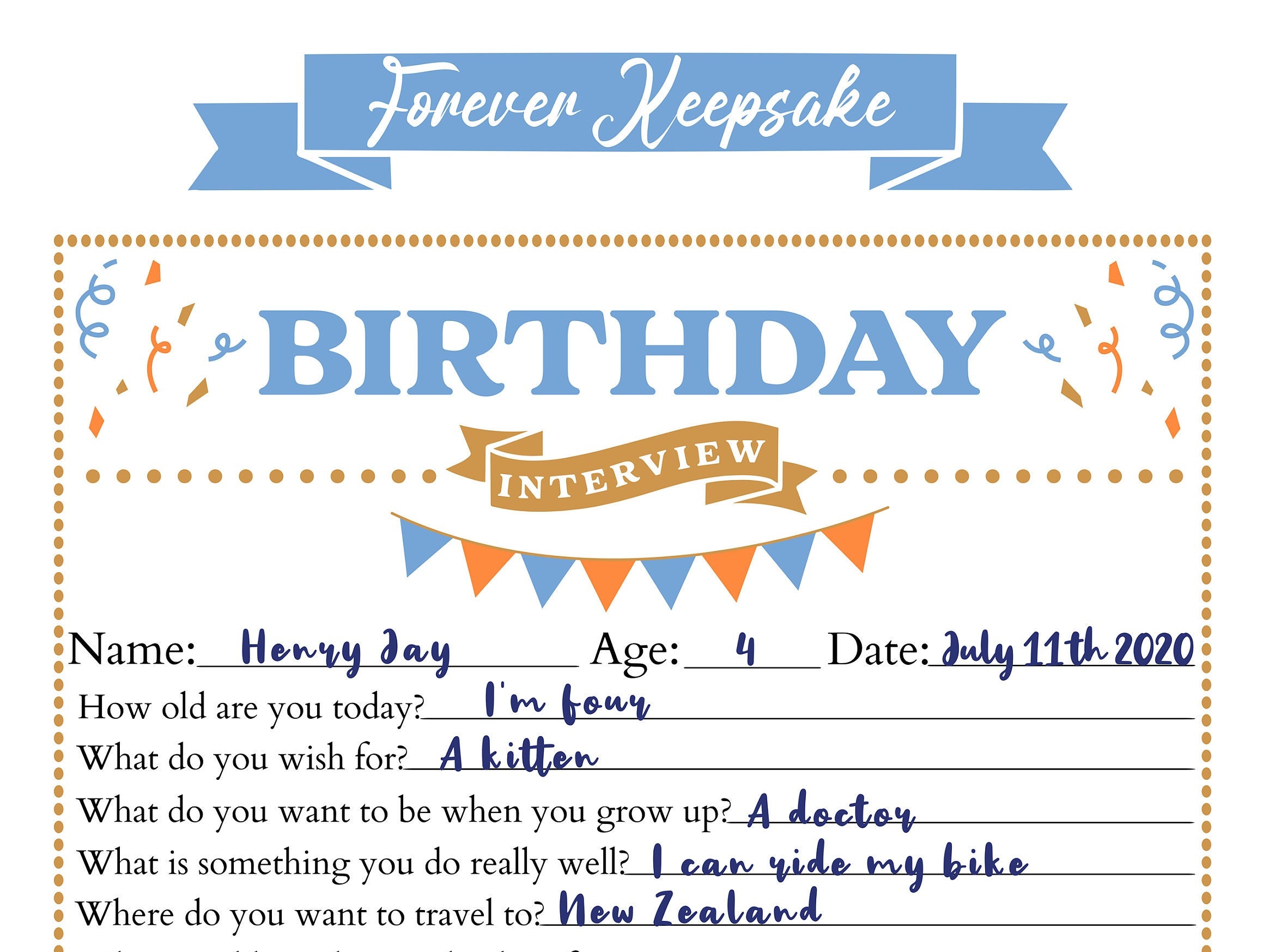 Kids Birthday Interview, Keepsake, Printable Birthday Questionnaire ...