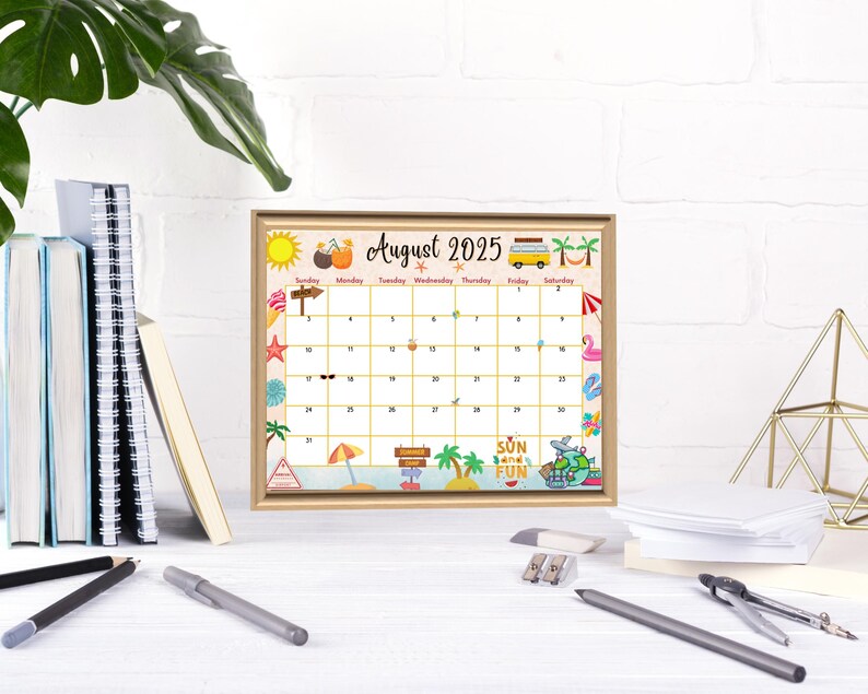 Editable Fillable August 2025 Calendar for Joyful Summer at the Beach ...