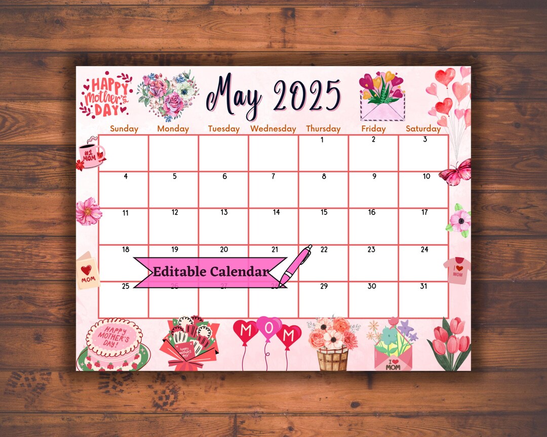 Calendario editable y rellenable de mayo de 2025 para el Día de la ...
