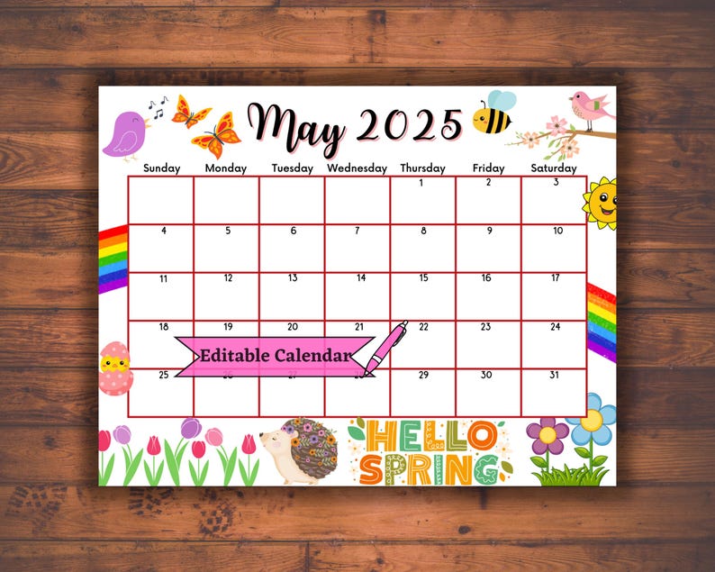 Bearbeitbarer befüllbarer Kalender Mai 2025 für Happy Spring mit ...