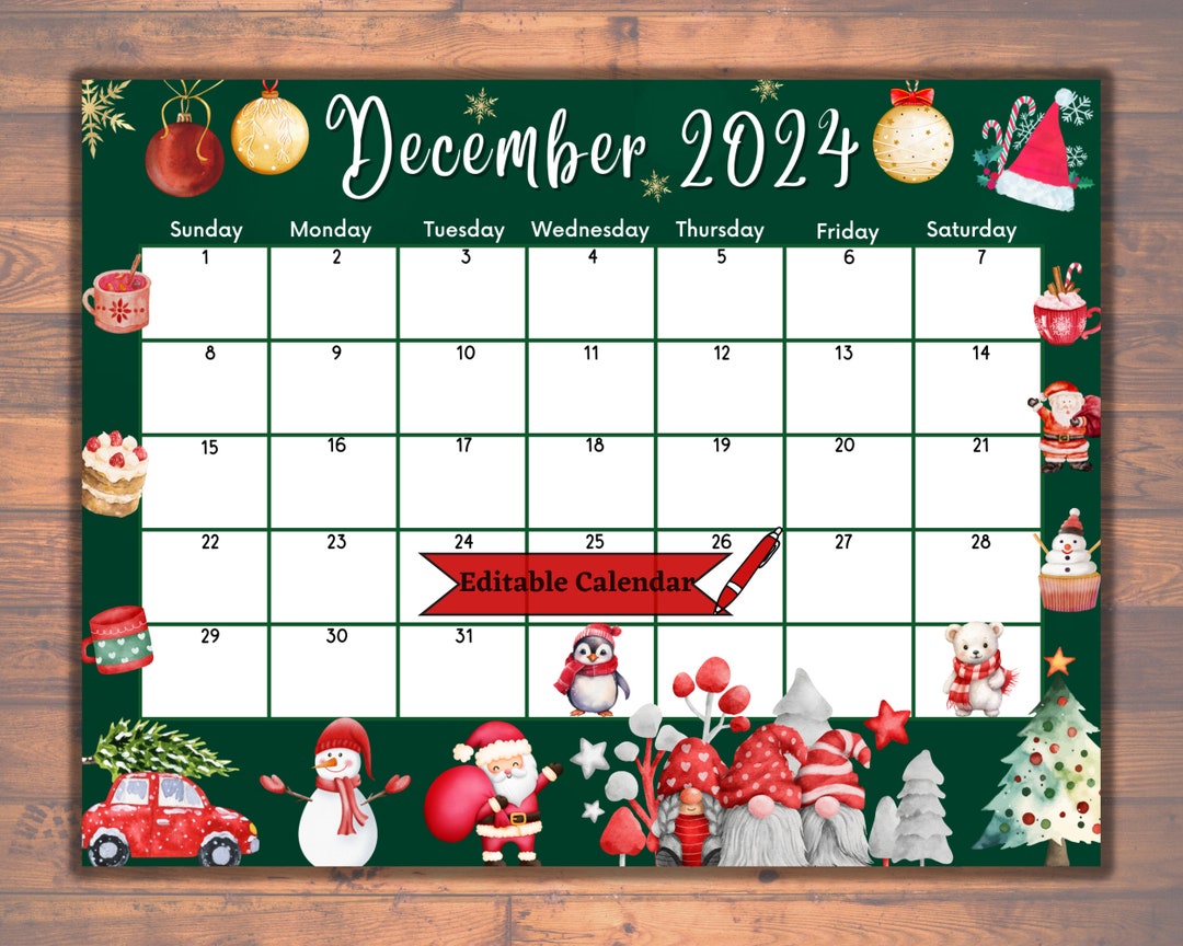 Editable Fillable December 2024 Calendar for Merry Christmas, Colorful ...