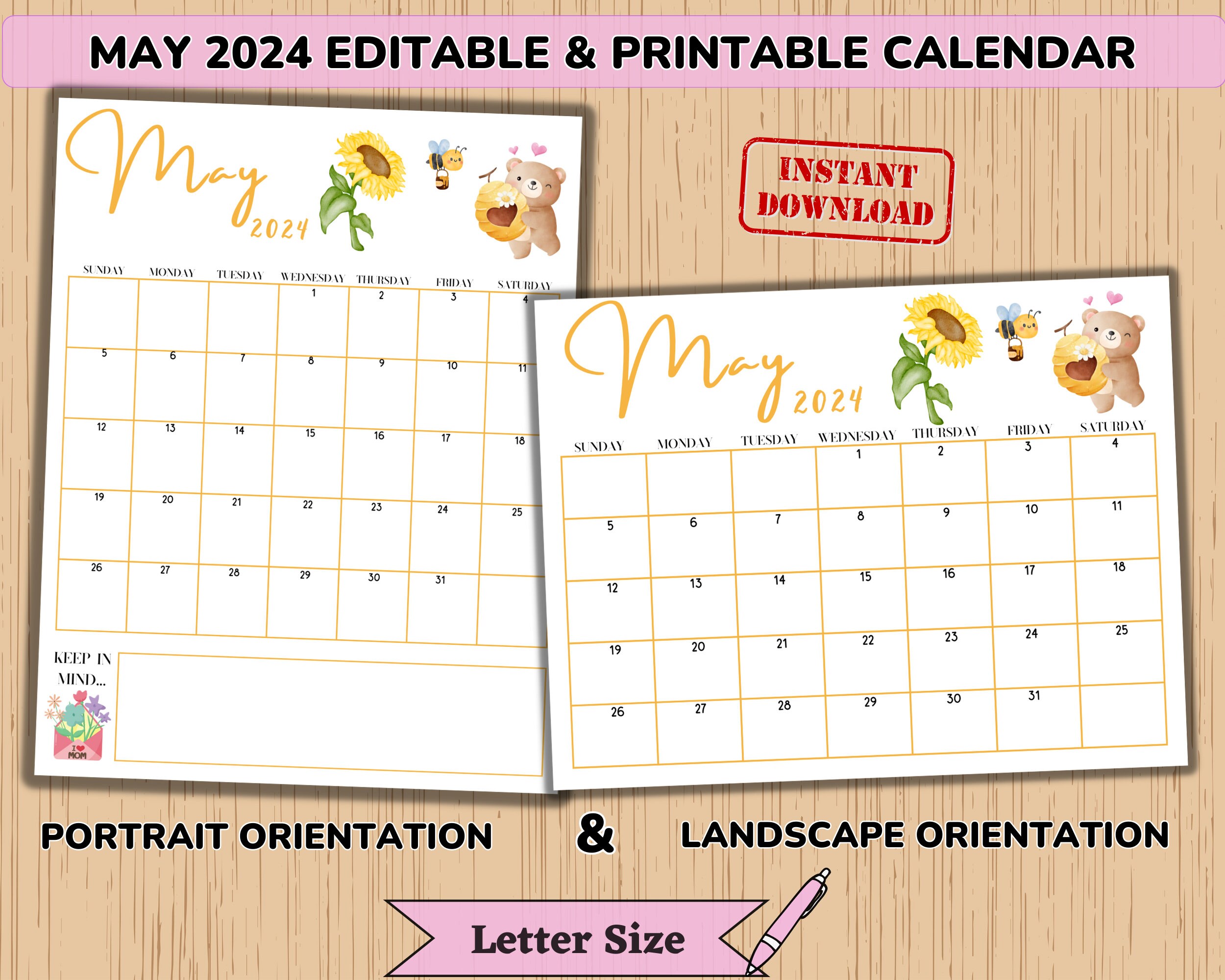 EDITABLE May 2024 Calendar, Printable Classroom Planner, Landscape ...