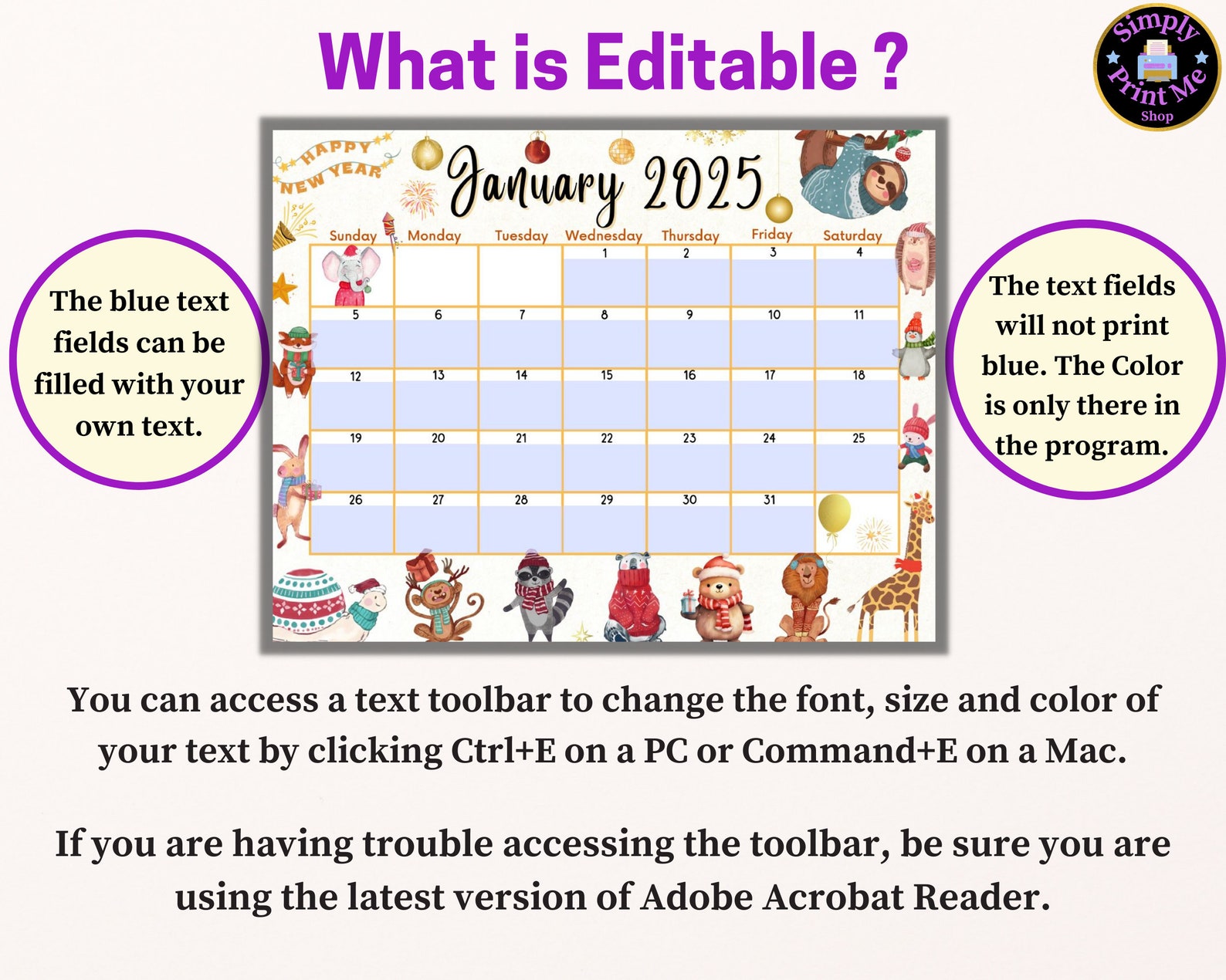 Editable Fillable January 2025 Calendar for Happy New Year, Printable ...