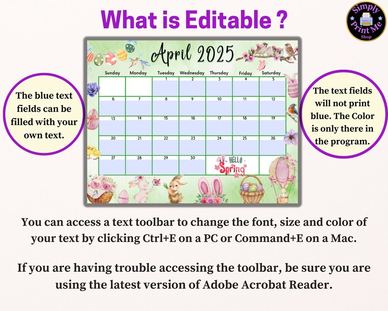 Editable Fillable April 2025 Calendar for Happy Easter, Cute Bunnies ...