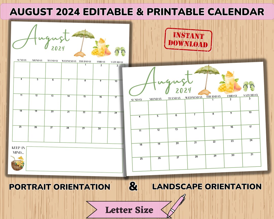 EDITABLE August 2024 Summer Calendar, Printable Classroom Planner ...